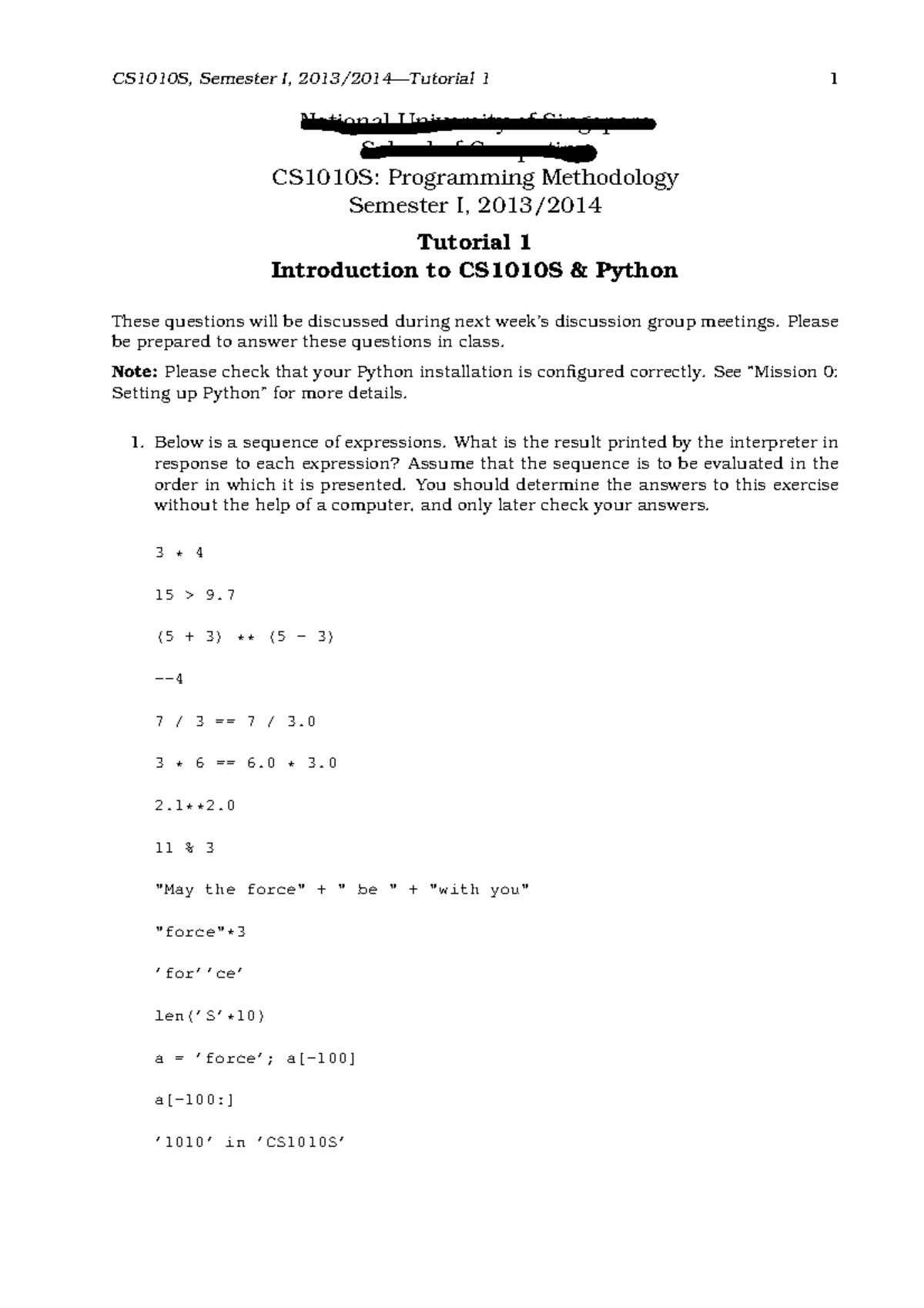 Cs1010s-tut01 - OOP practice - National University of Singapore School of Computing CS1010S ...