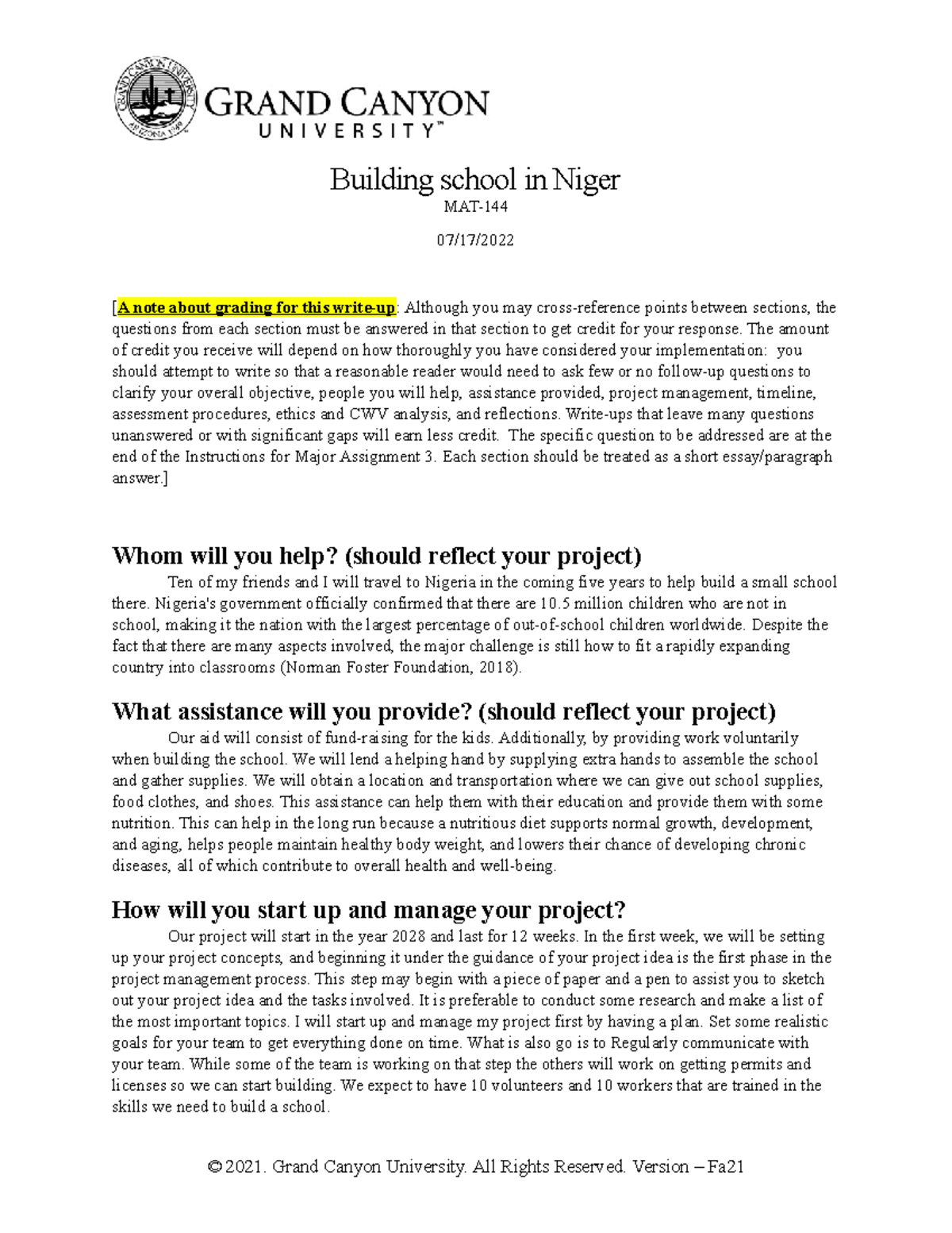 MA3 Write-Up Template 20210930 AT - Building school in Niger MAT- 07/17 ...