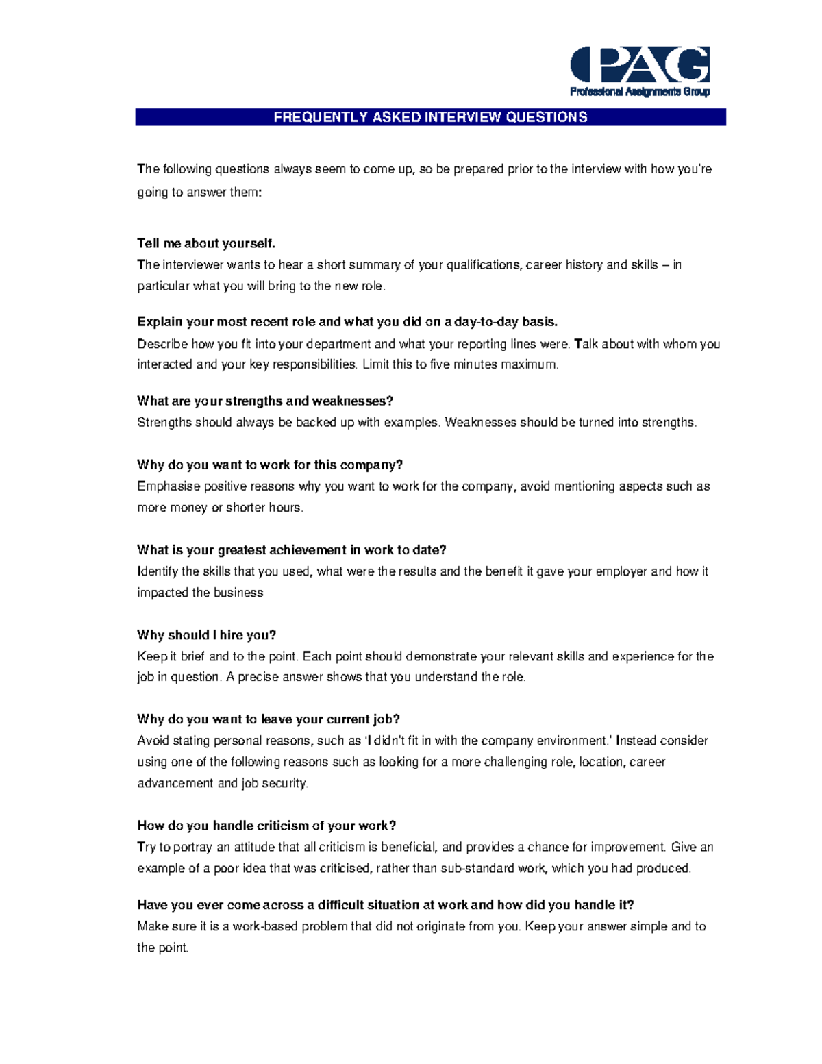 Frequently Asked Interview Questions - FREQUENTLY ASKED INTERVIEW ...