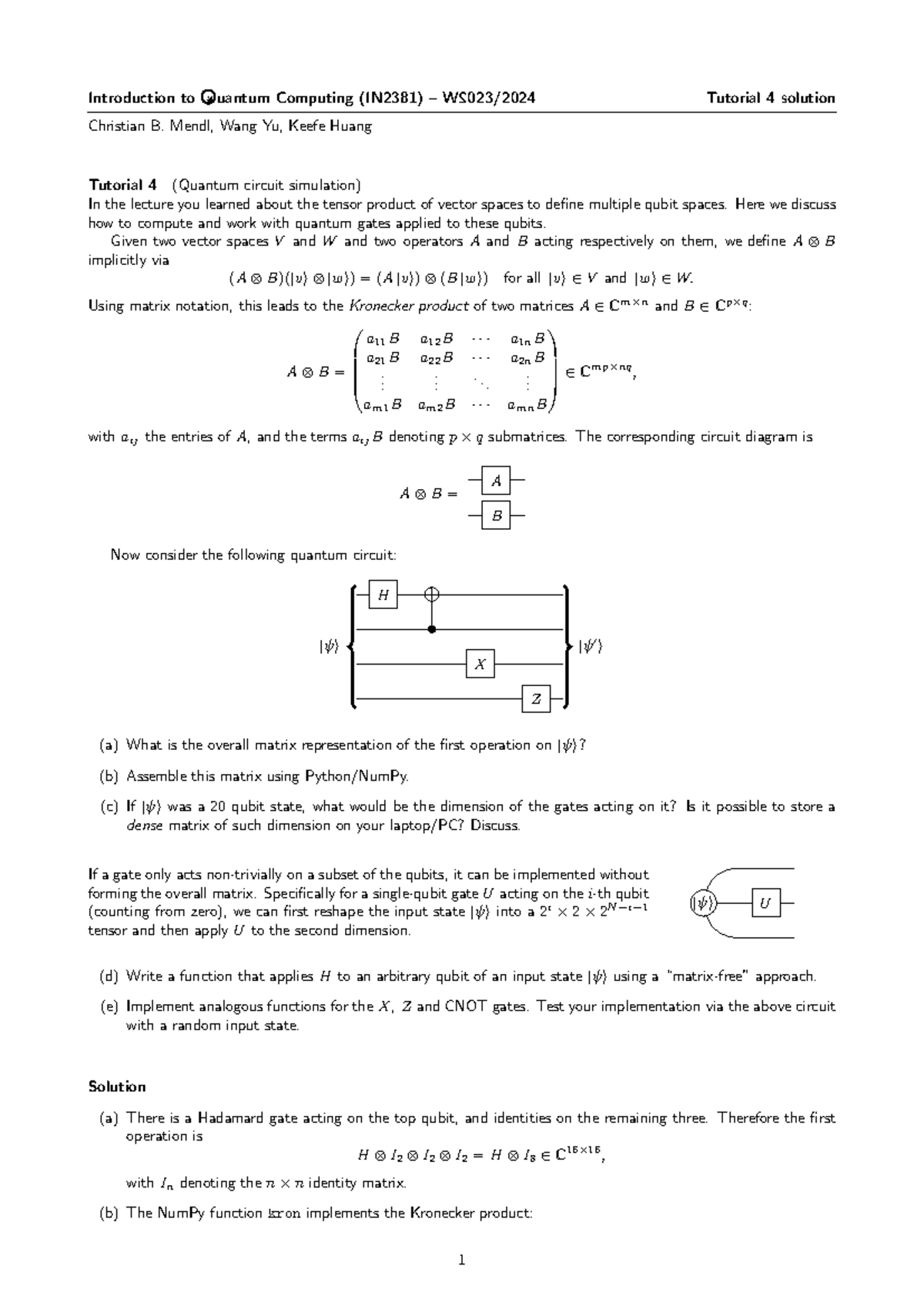 Tutorial 4 solution - Introduction to uantum Computing (IN2381) – W 2 023/2024 Tutorial 4 ...