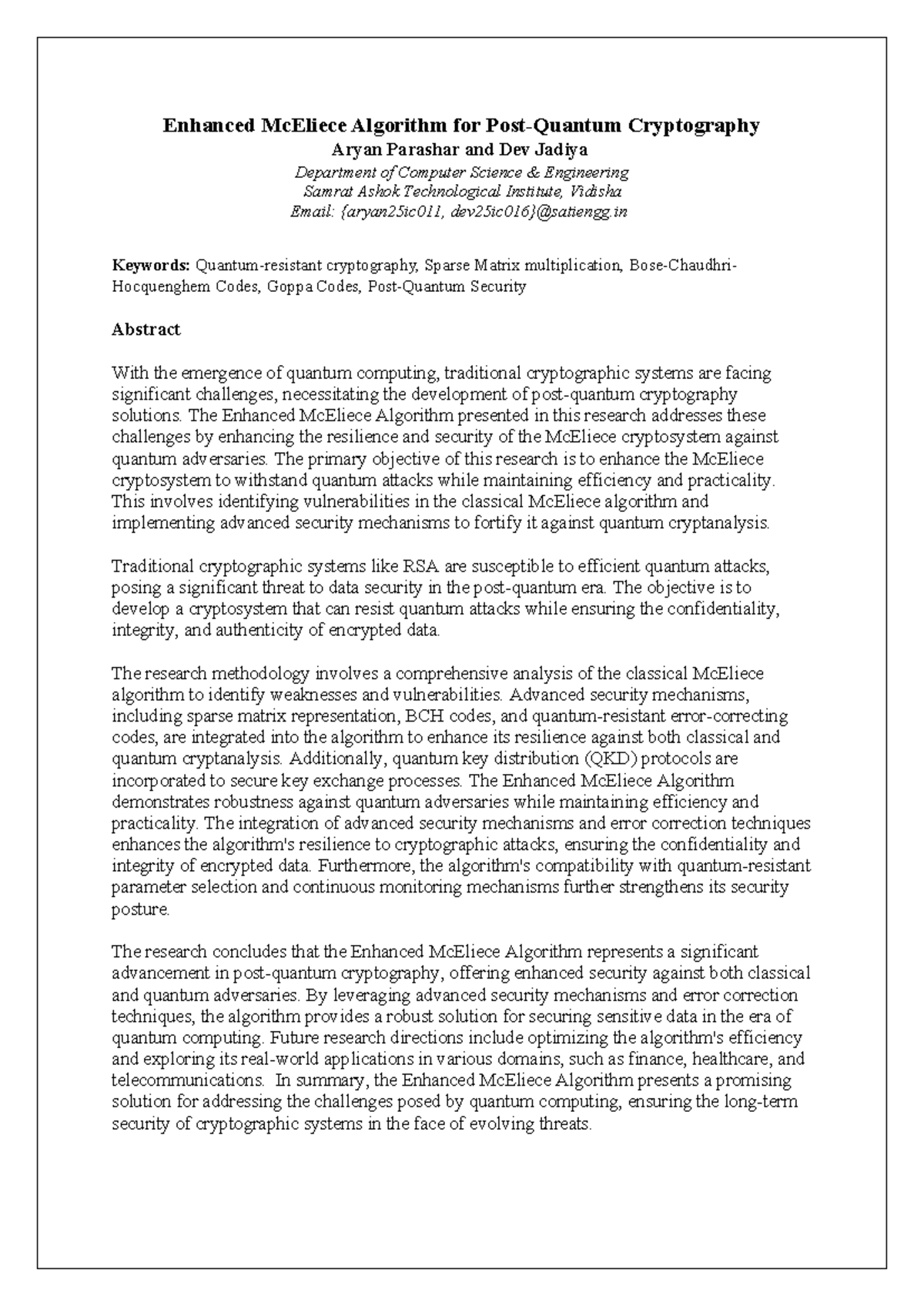 Abstract For Enhanced Mc Eliece Algorithm For Pqc By Aryan Parashar And Dev Jadiya Enhanced