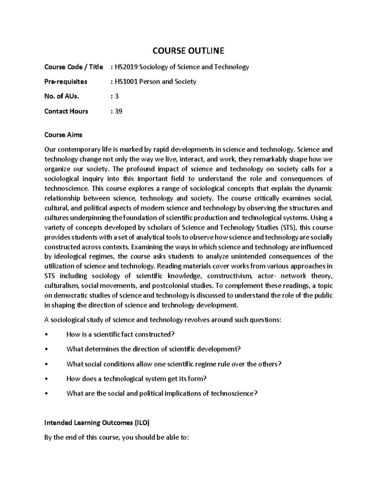 Hs2019 sociology of science and technology - COURSE OUTLINE Course Code ...