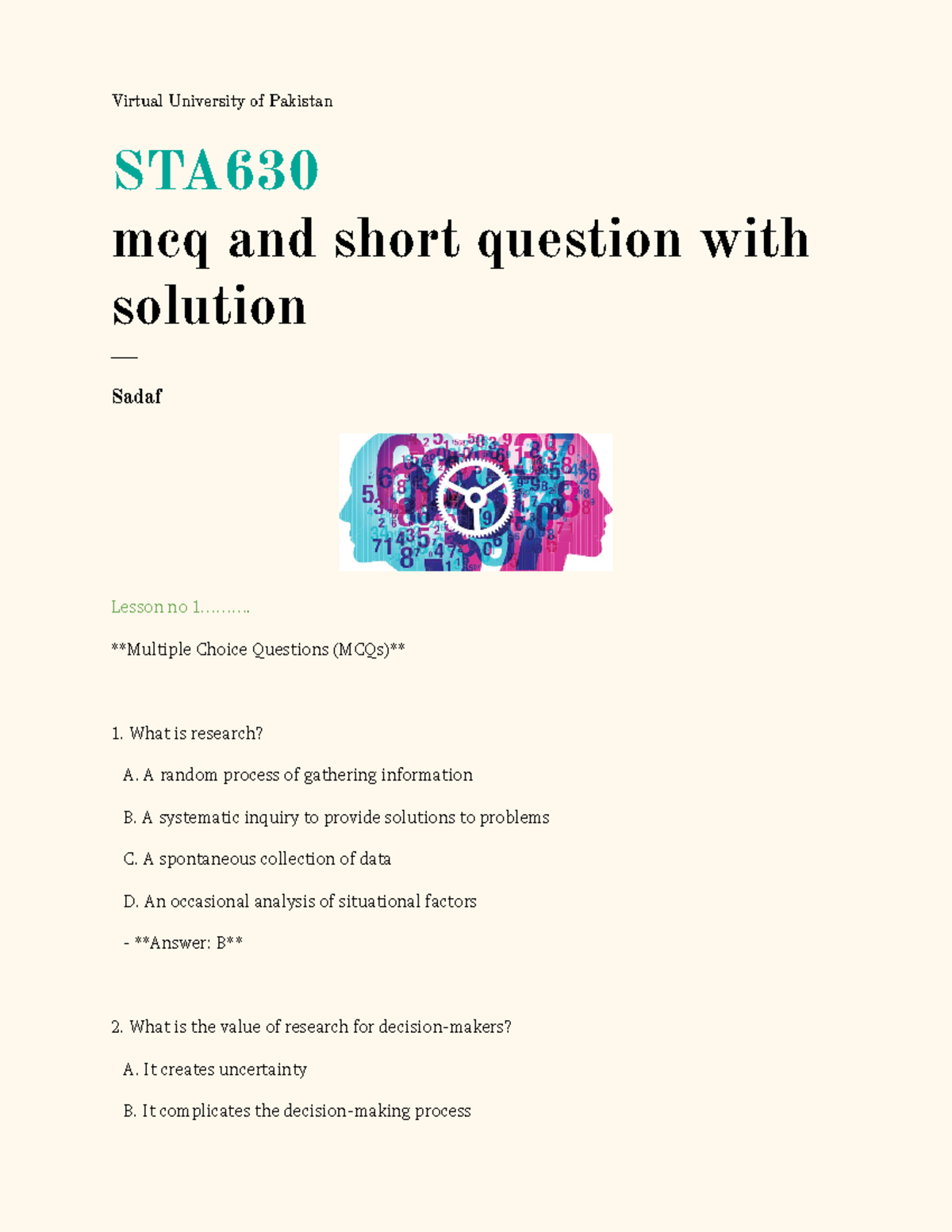 Sta630 - Book notes - Virtual University of Pakistan STA mcq and short ...