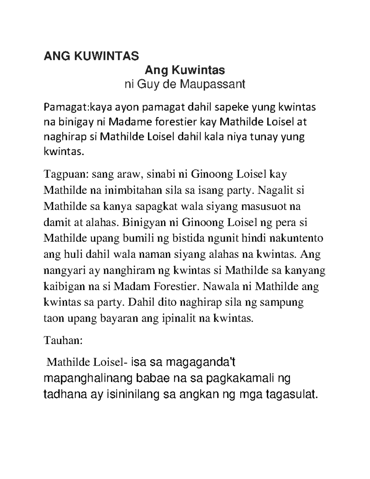 Pdfcoffee A Summary Of A Short Story Entitled Ang Kuwintas The 