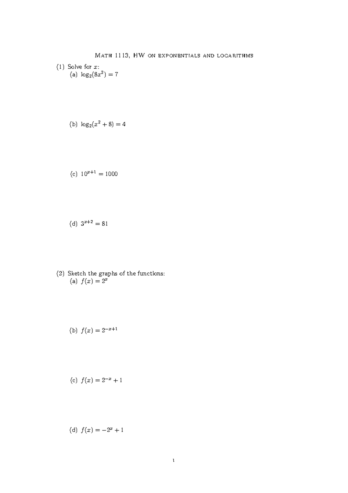 Exp-log-HW - logarithmic functions - MATH 1113E - (2) Sketch the graphs ...