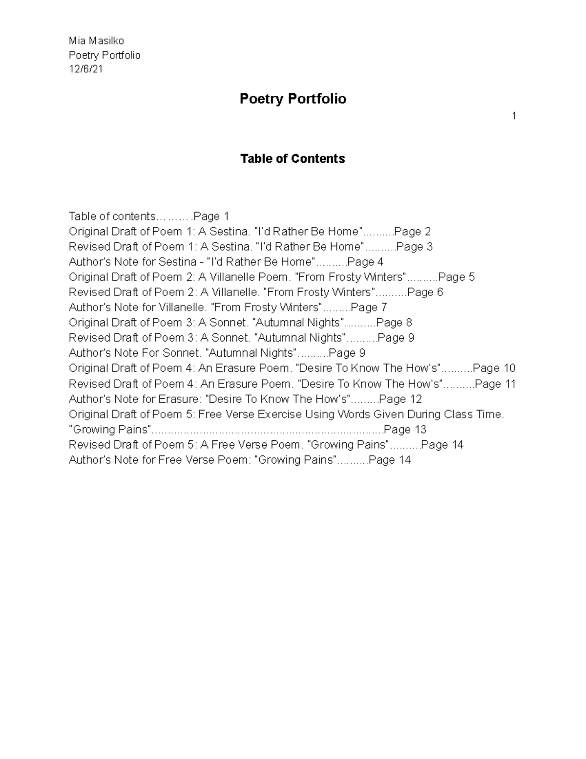 Poetry Portfolio-2 - Creative Writing - Poetry Portfolio 12/6/ Poetry ...
