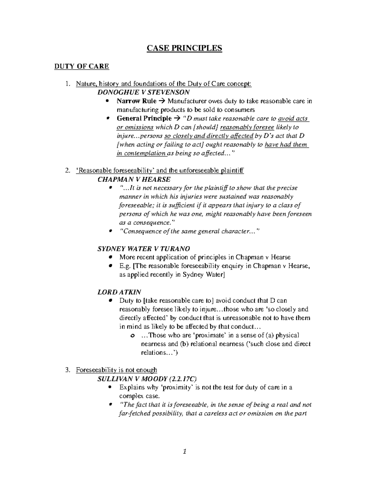 Torts Principles with Cases - CASE PRINCIPLES DUTY OF CARE Nature ...