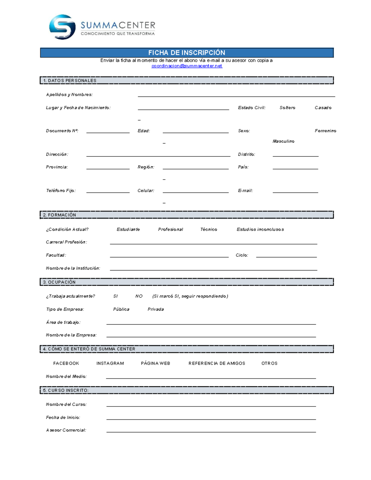 Ficha DE Matricula Summa - SAP - FICHA DE INSCRIPCIÓN Enviar la ficha ...