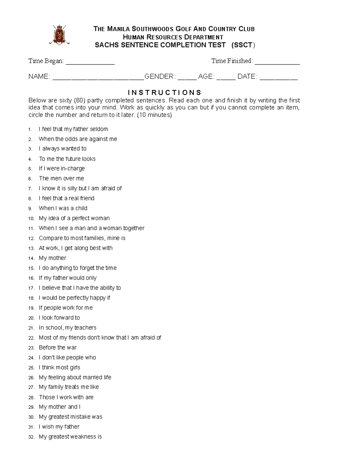 Sachs Sentence Completion TEST - THE MANILA SOUTHWOODS GOLF AND COUNTRY ...