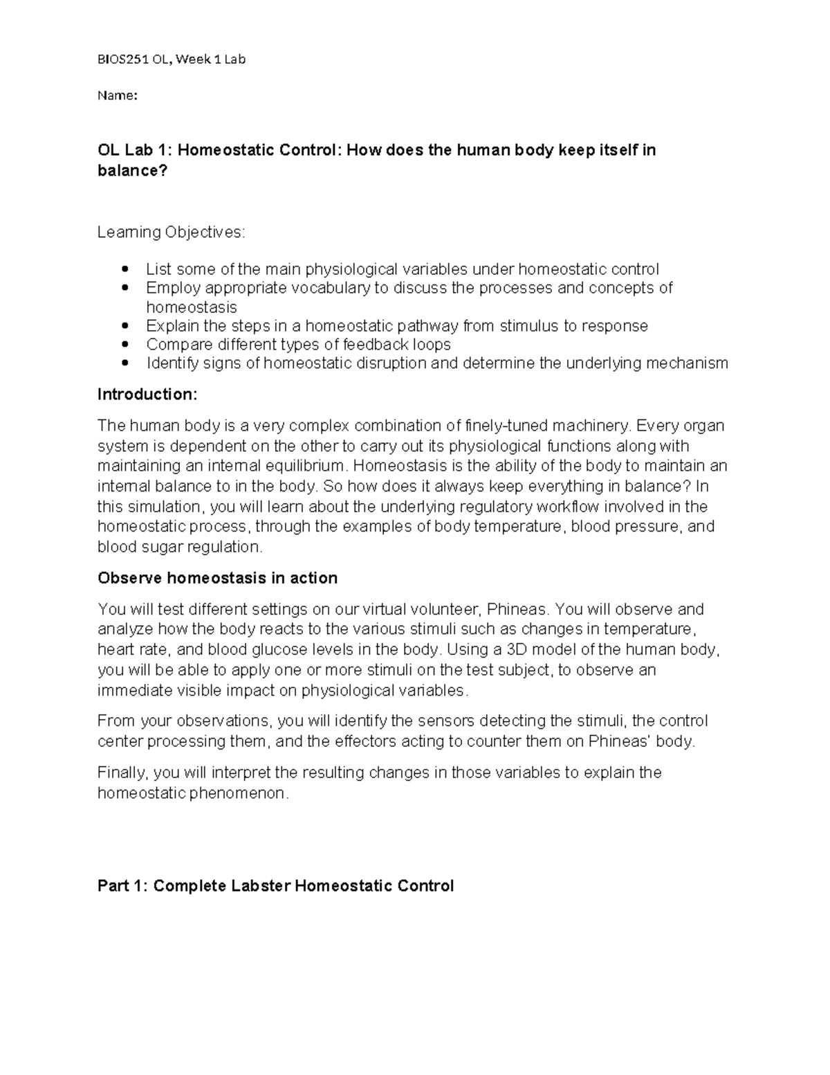 Homeostasis Lab - Name: OL Lab 1: Homeostatic Control: How does the ...