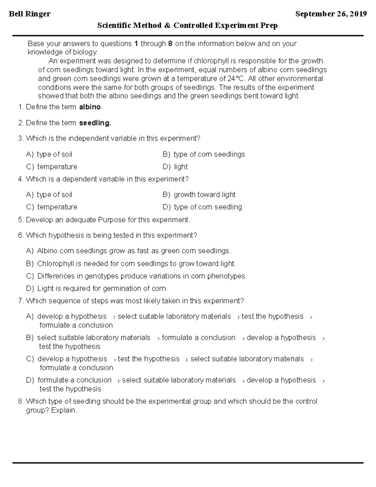 Controlled experiment prep - Bell Ringer September 26, 2019 Scientific ...