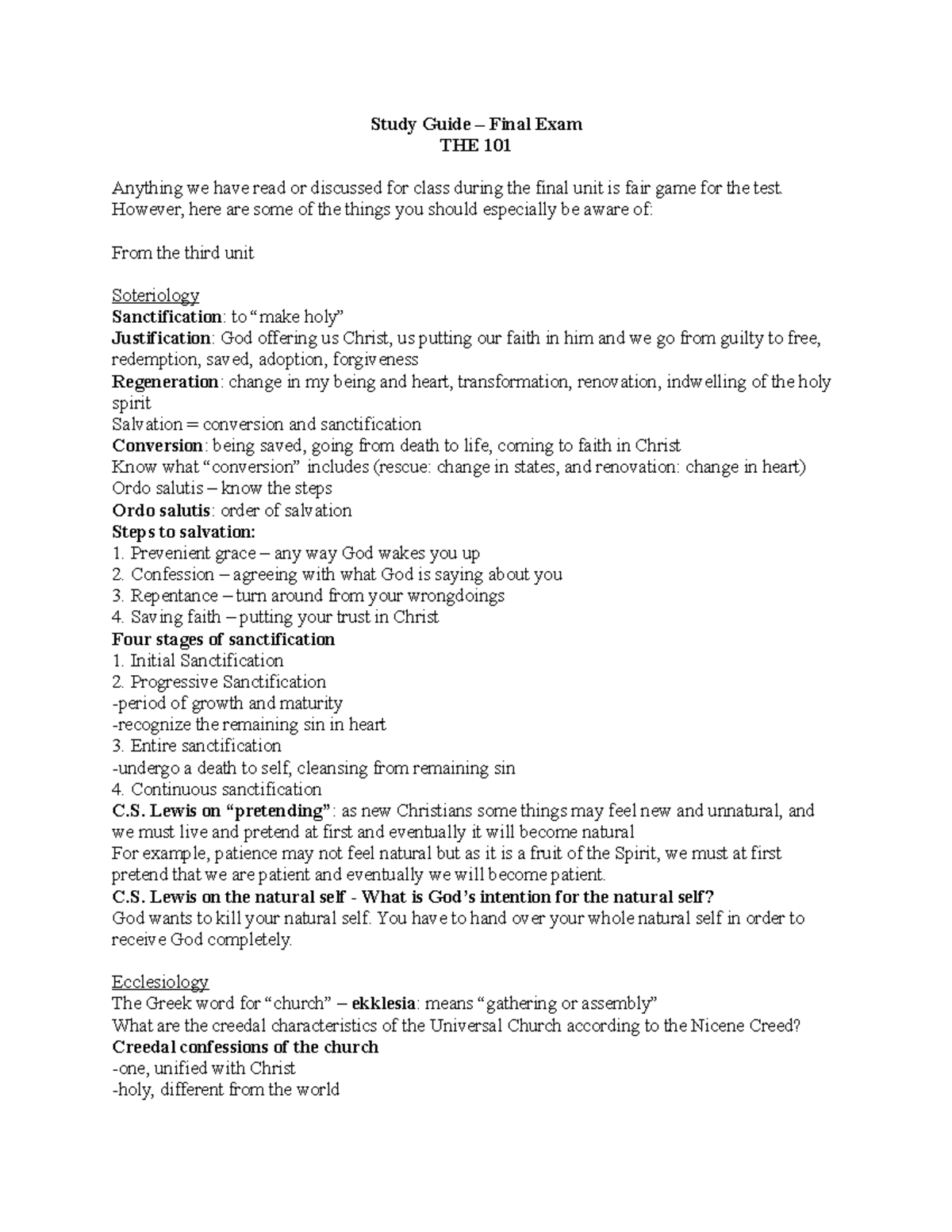 Study Guide final exam - Study Guide – Final Exam THE 101 Anything we have read or discussed for ...