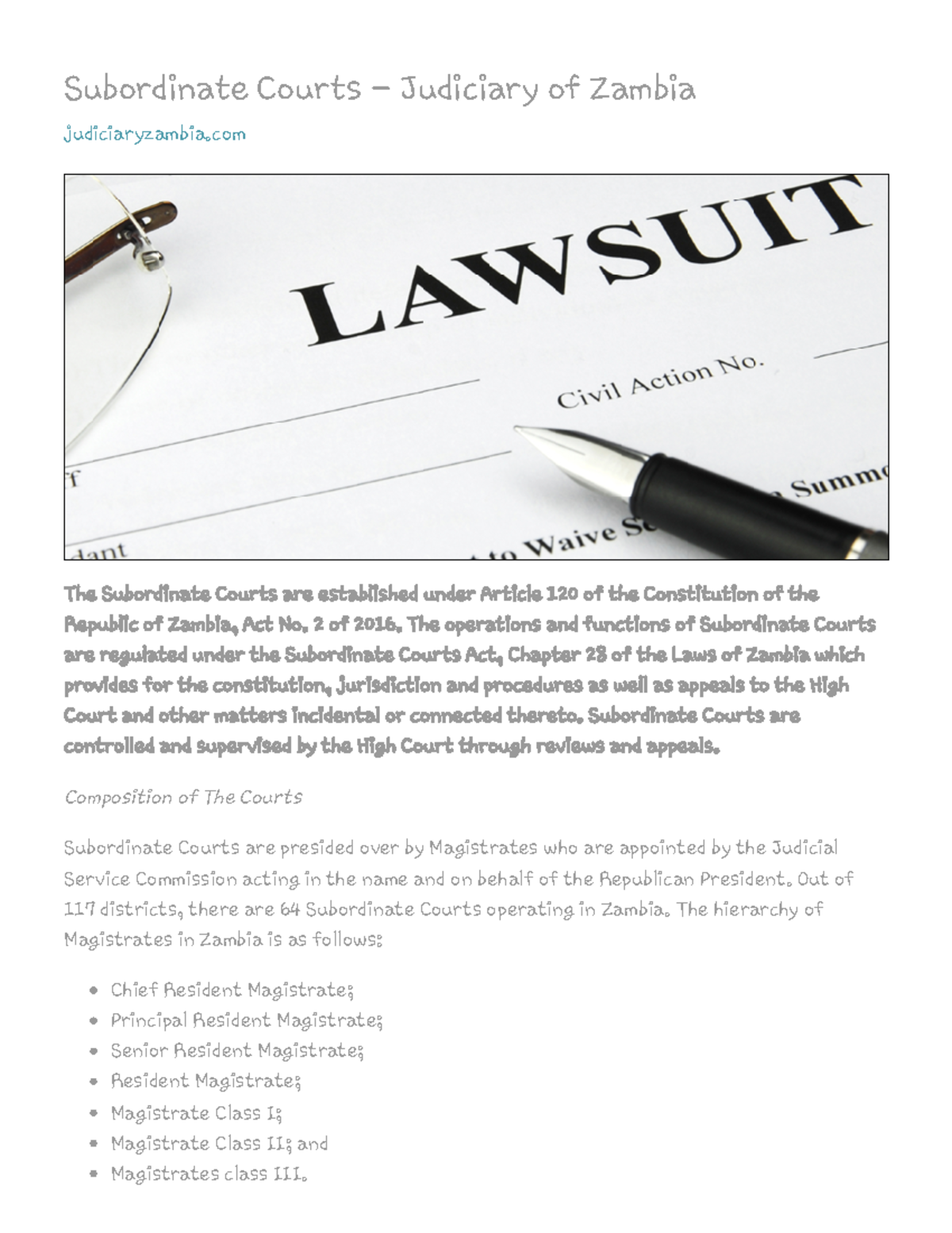 Subordinate Courts – Judiciary of Zambia - 2 of 2016. The operations ...