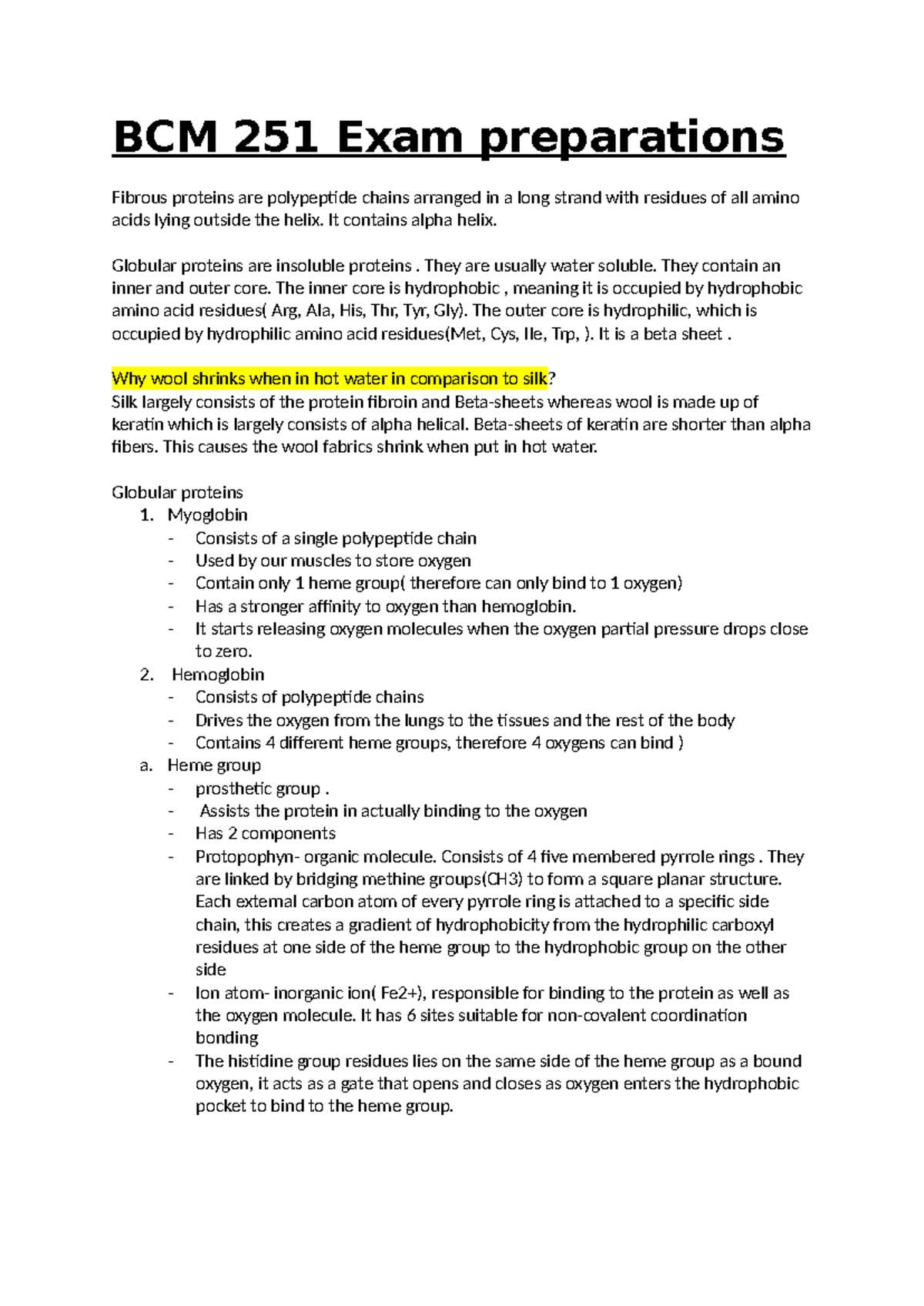 BCM 251 Exam preparations - BCM 251 Exam preparations Fibrous proteins ...