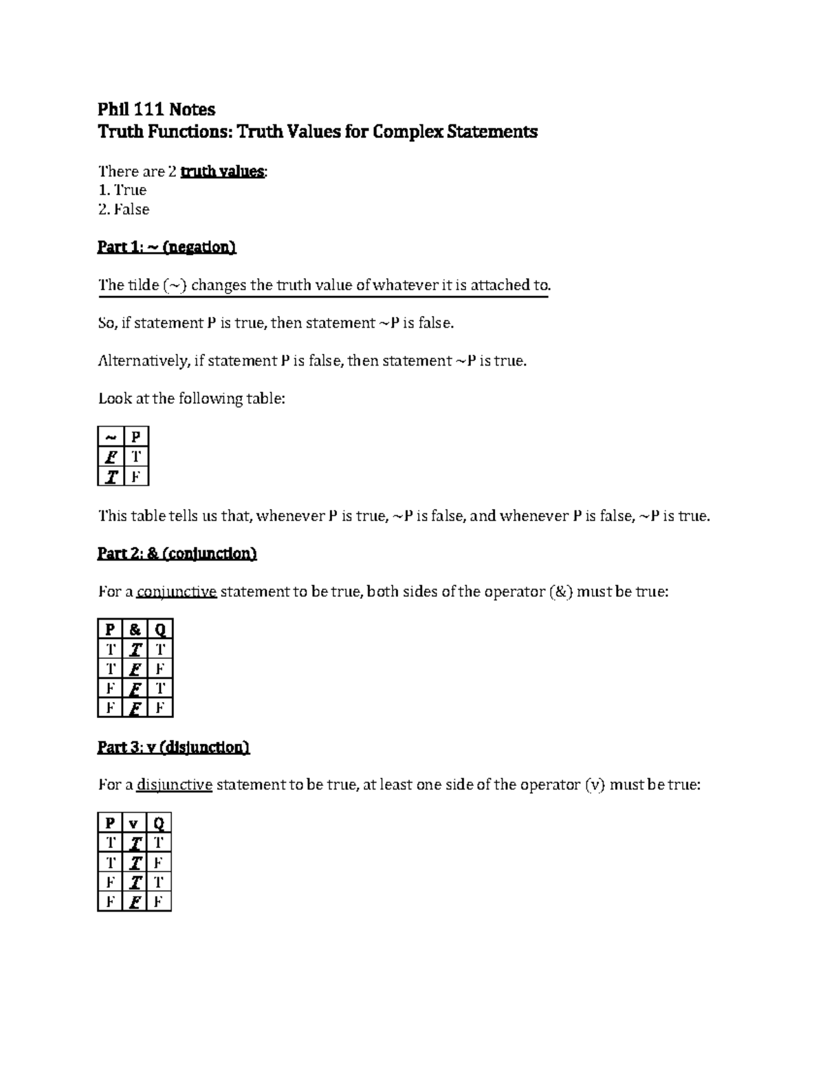 Notes - Week 4 Truth Functions - Phil 111 Notes Truth Functions: Truth ...