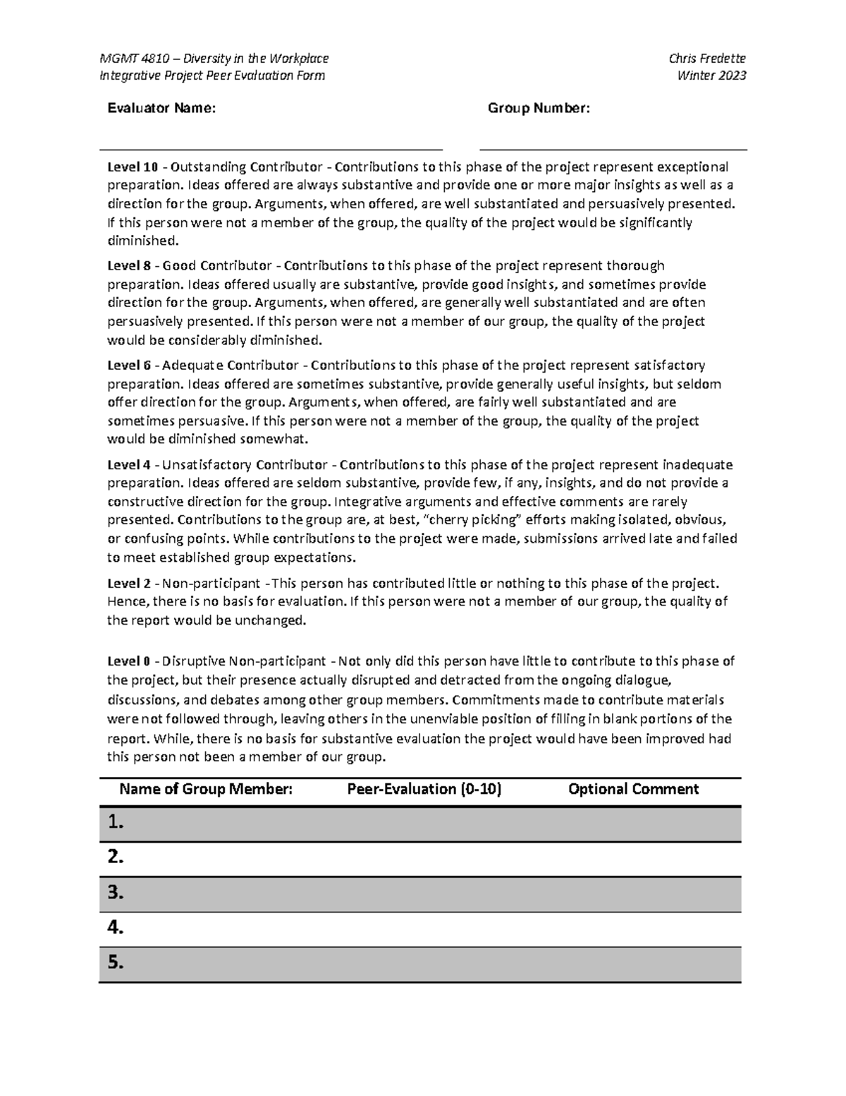 MGMT 4810 - Integrative Group Project Peer Evaluation Form - MGMT 4810 ...
