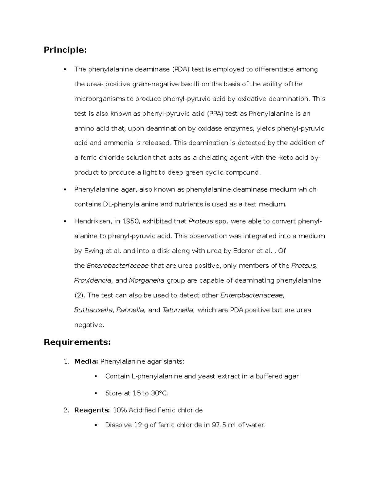 Biology Science 239 - Principle: The phenylalanine deaminase (PDA) test ...