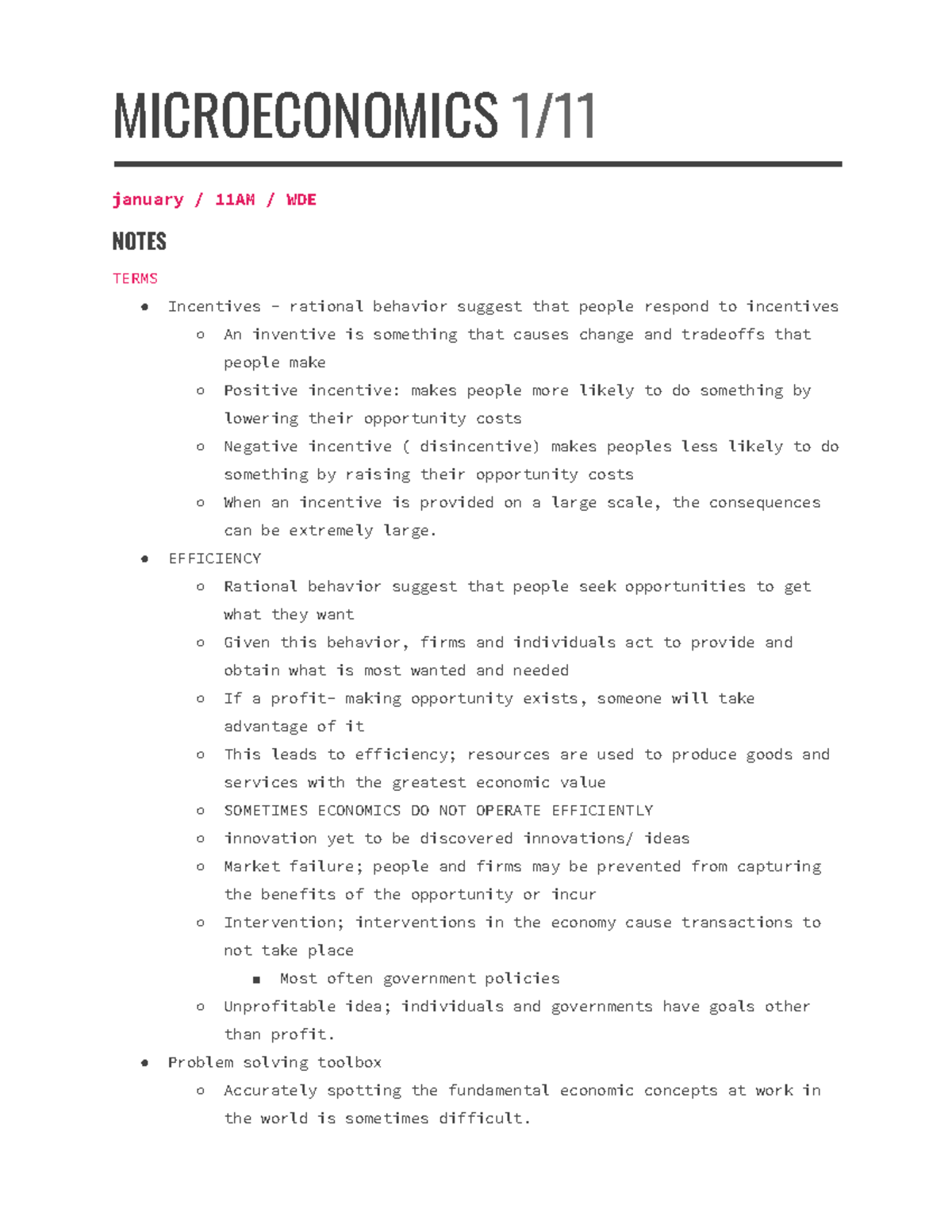 Micro economics - MICROECONOMICS 1/ january / 11AM / WDE NOTES TERMS ...