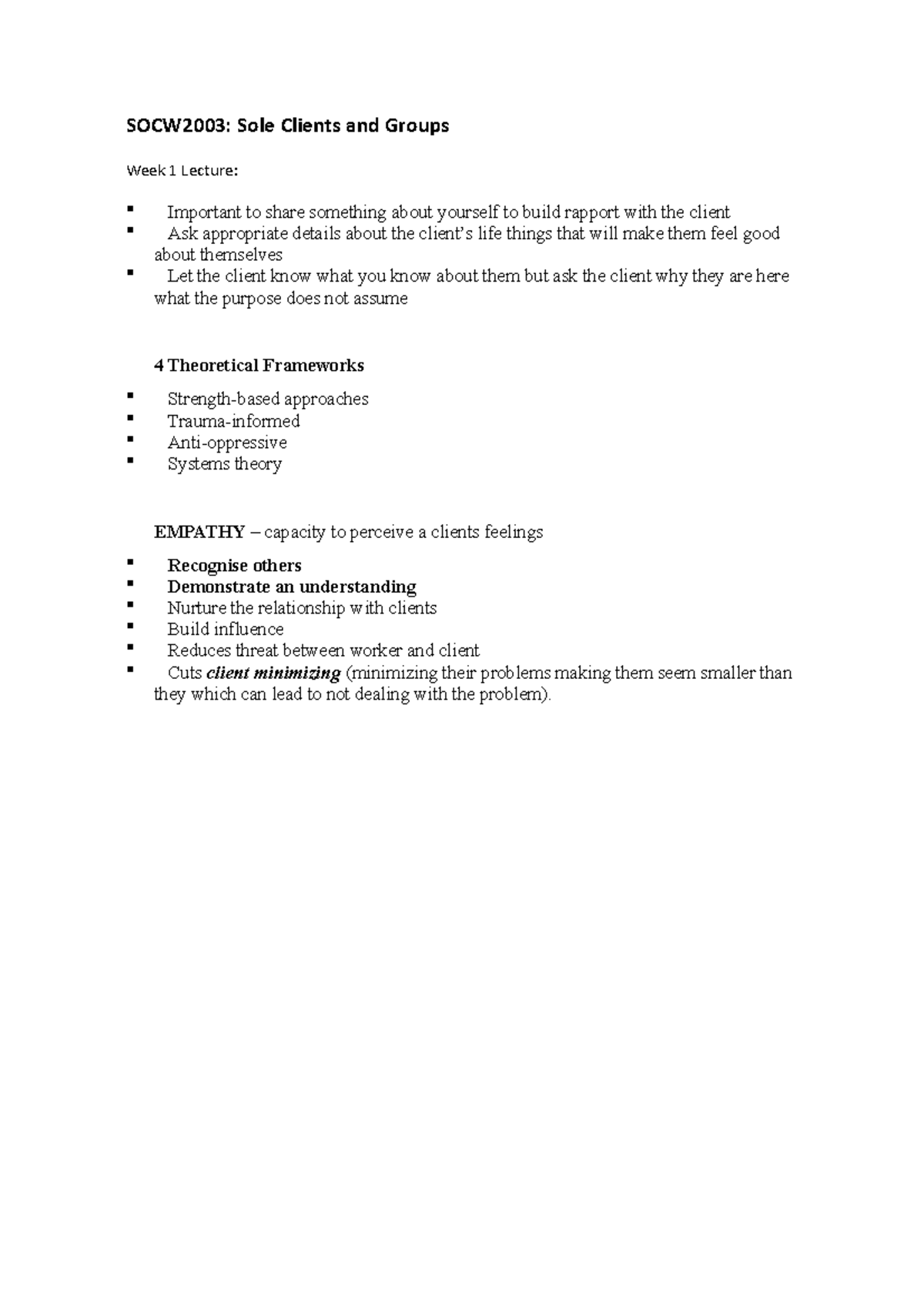 SOCW2003 Sole Clients and Groups - Week 2 Lecture seen as Practice ...