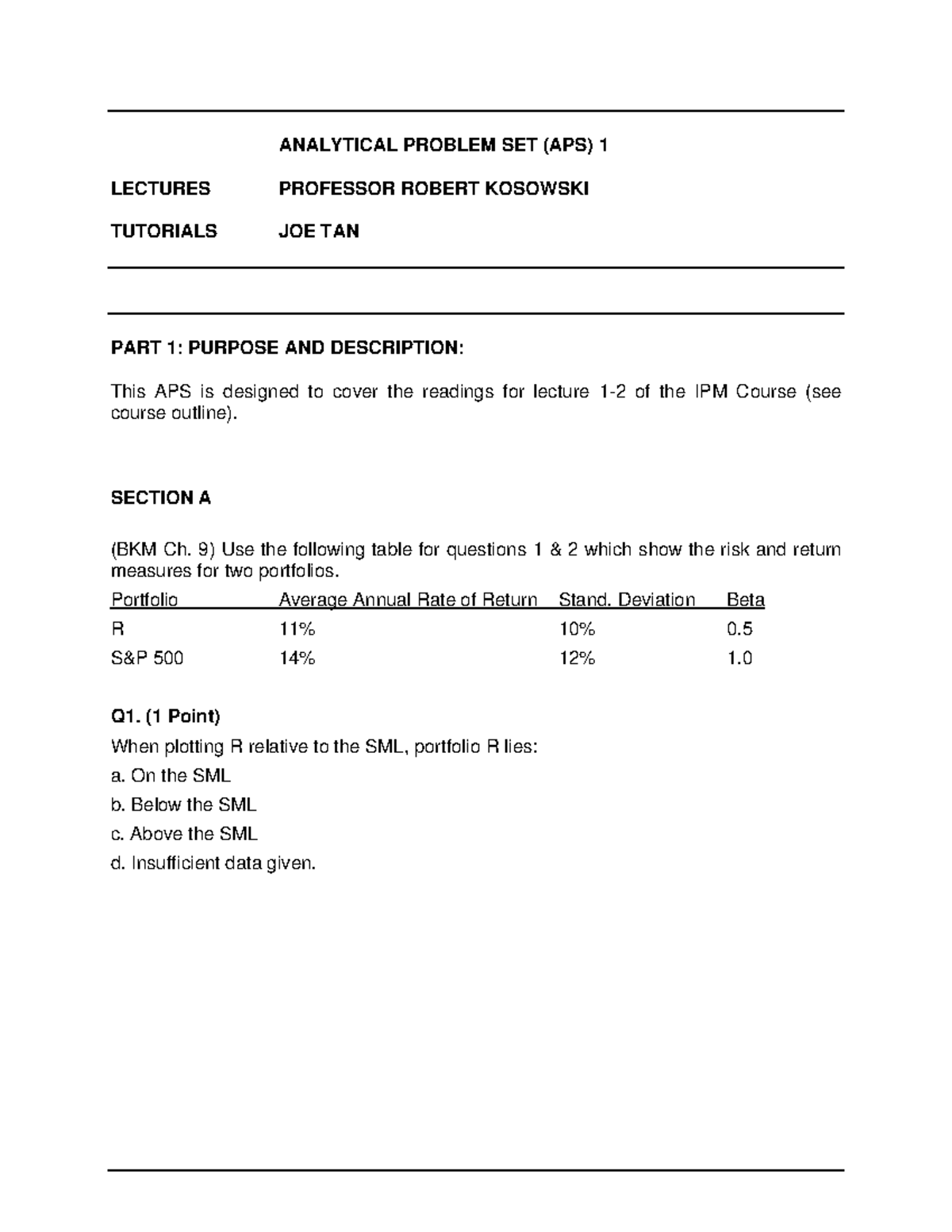APS 1 Questions of investment_portfolio_management - ANALYTICAL PROBLEM ...