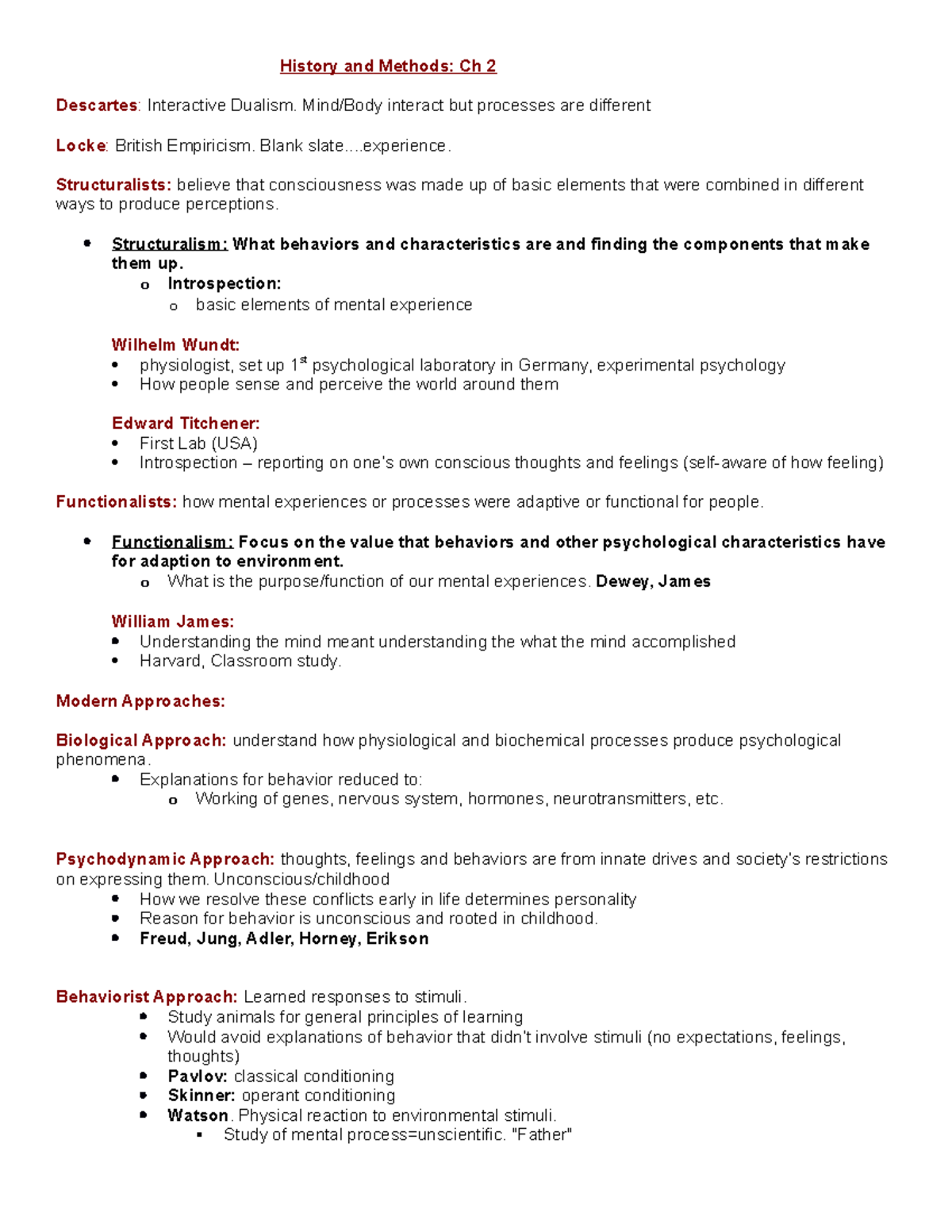 Intro to Psych notes 3 - History and Methods: Ch 2 Descartes ...