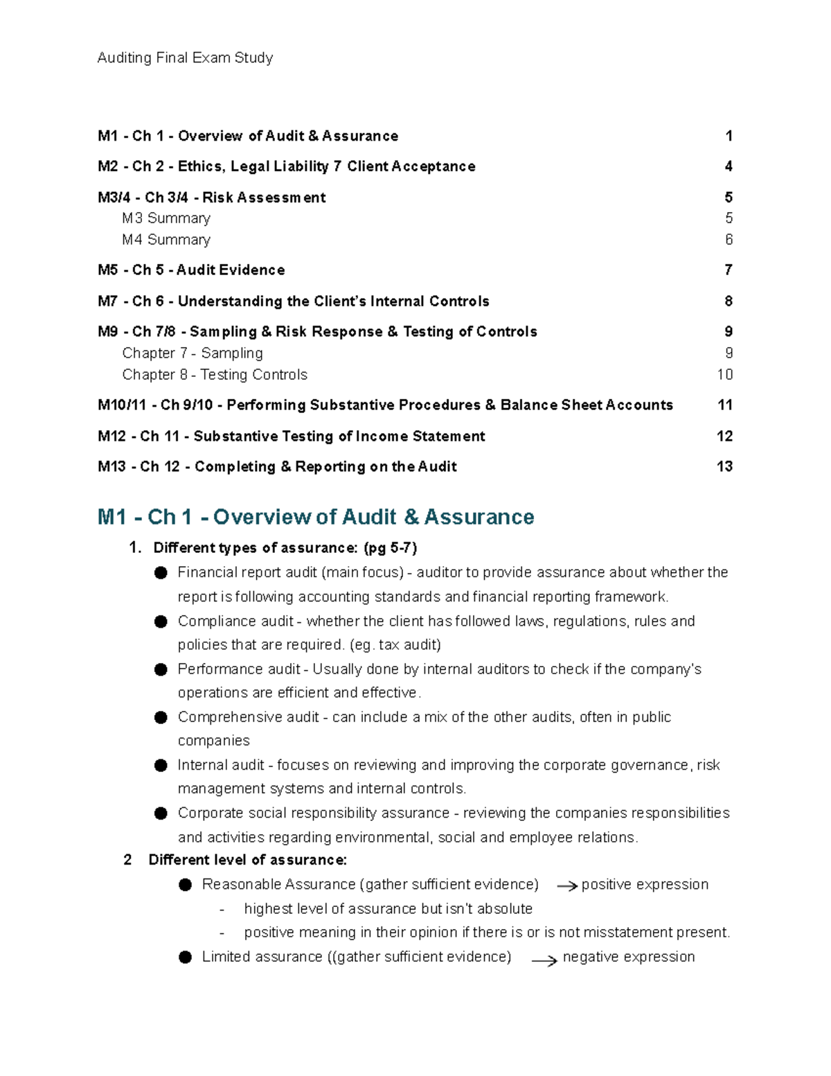 Auditing Final Exam Study - M1 - Ch 1 - Overview of Audit & Assurance 1 M2 - Ch 2 - Ethics ...
