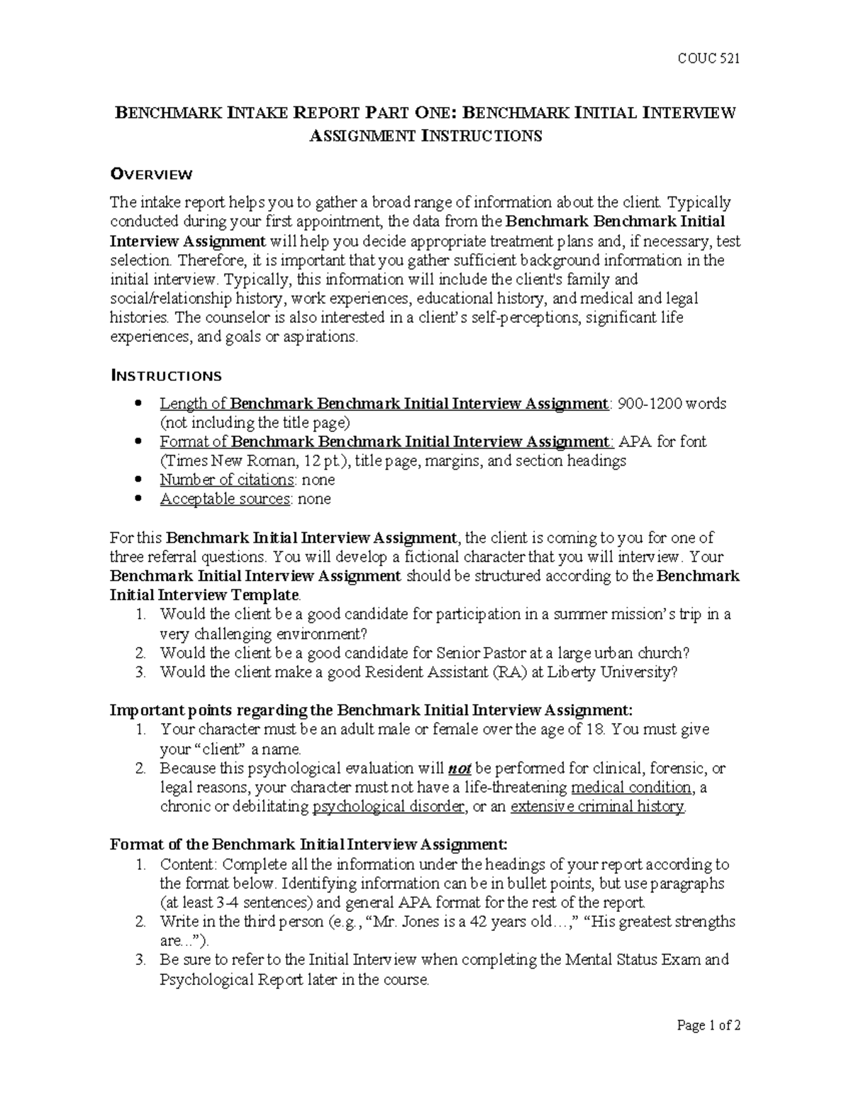 Benchmark Instuctions - COUC 521 BENCHMARK INTAKE REPORT PART ONE: BENCHMARK INITIAL INTERVIEW ...
