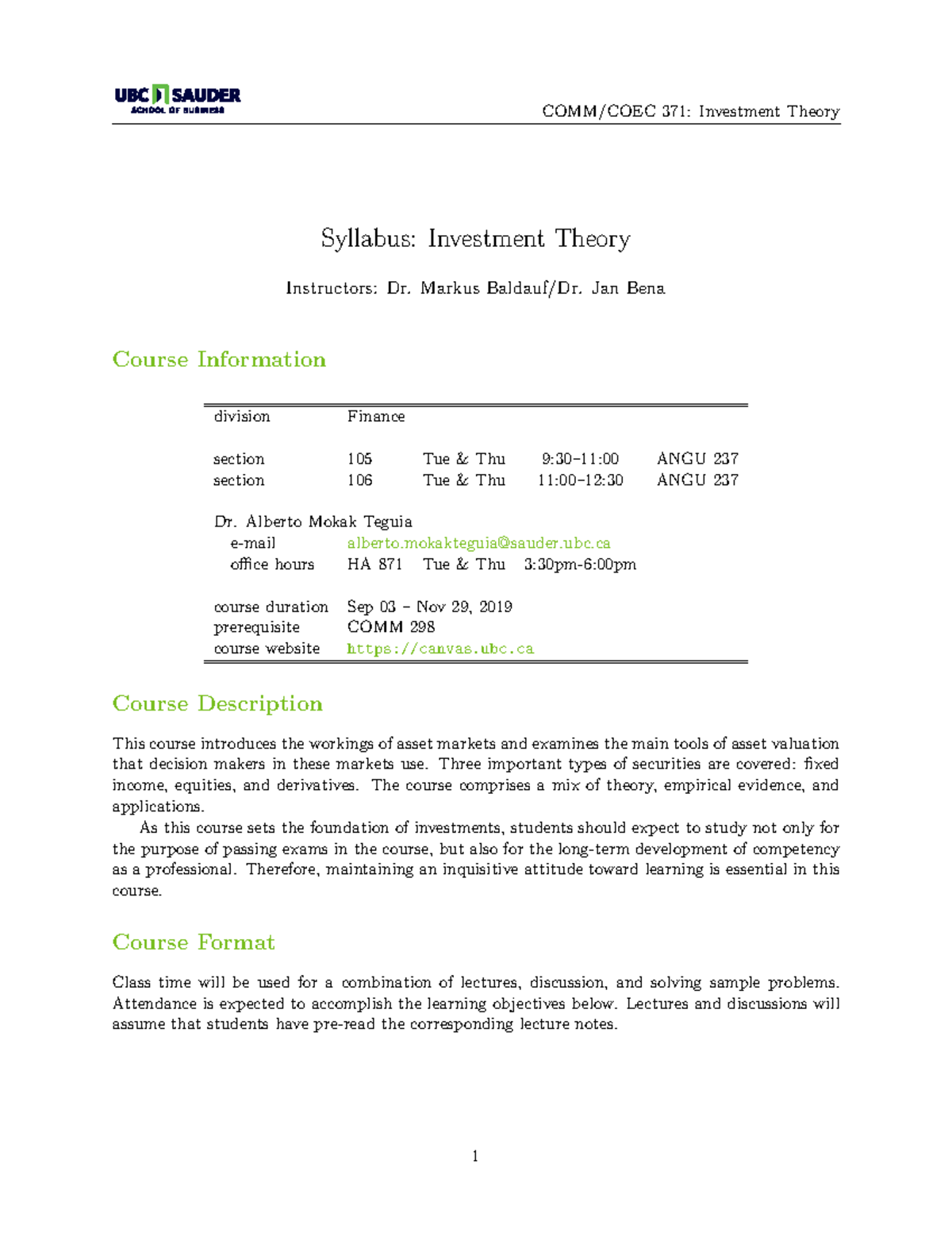 COMM 371 Syllabus - Syllabus: Investment Theory Instructors: Dr. Markus ...