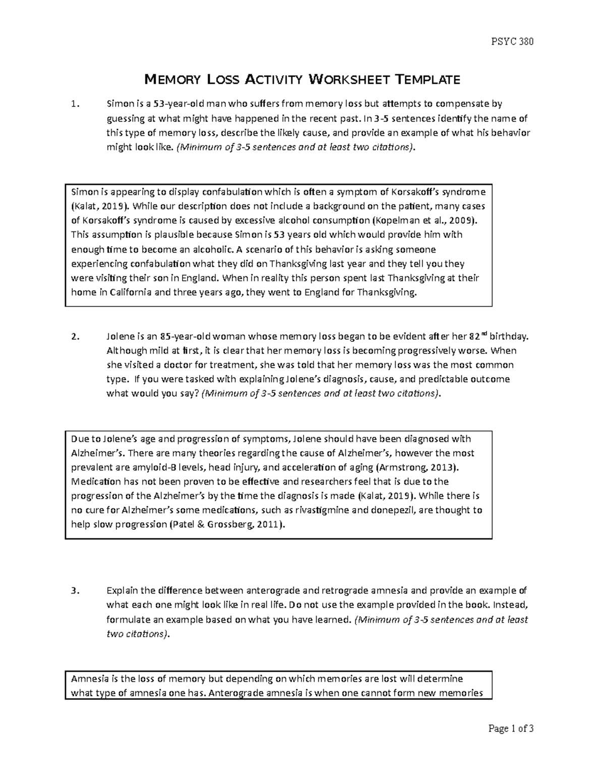Memory Loss Activity Worksheet - PSYC 380 MEMORY LOSS ACTIVITY ...