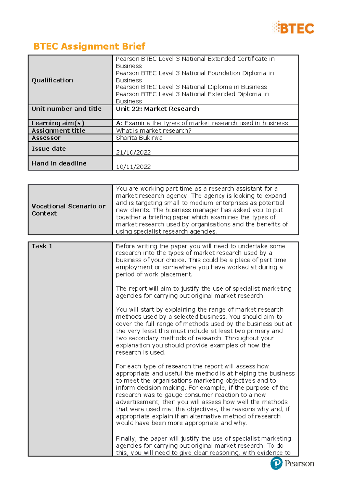 Unit-22 Learning-aim-A-Market-Research - BTEC Assignment Brief ...