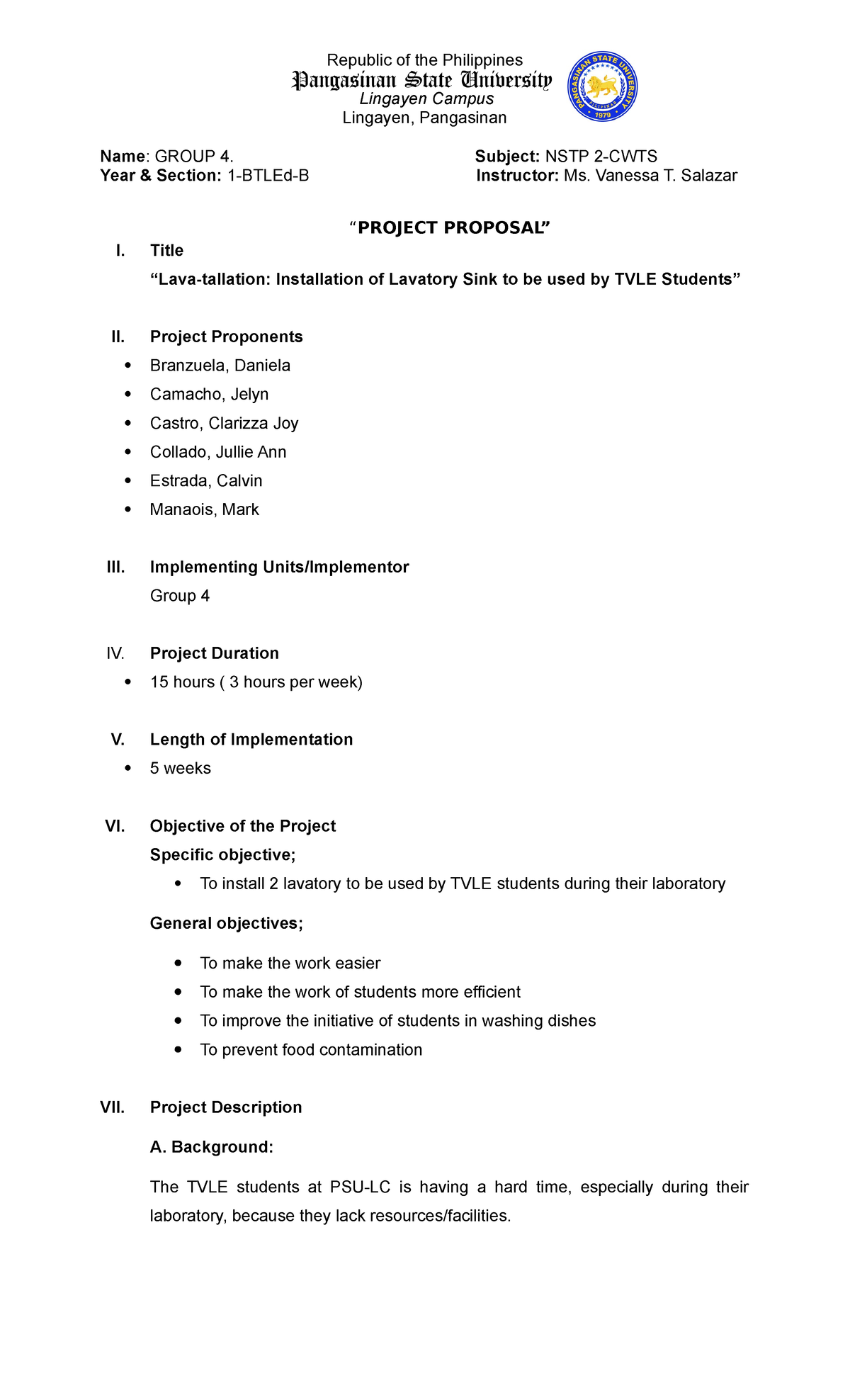Project Proposal by Group 4 in NSTP 2 CWTS - Republic of the ...