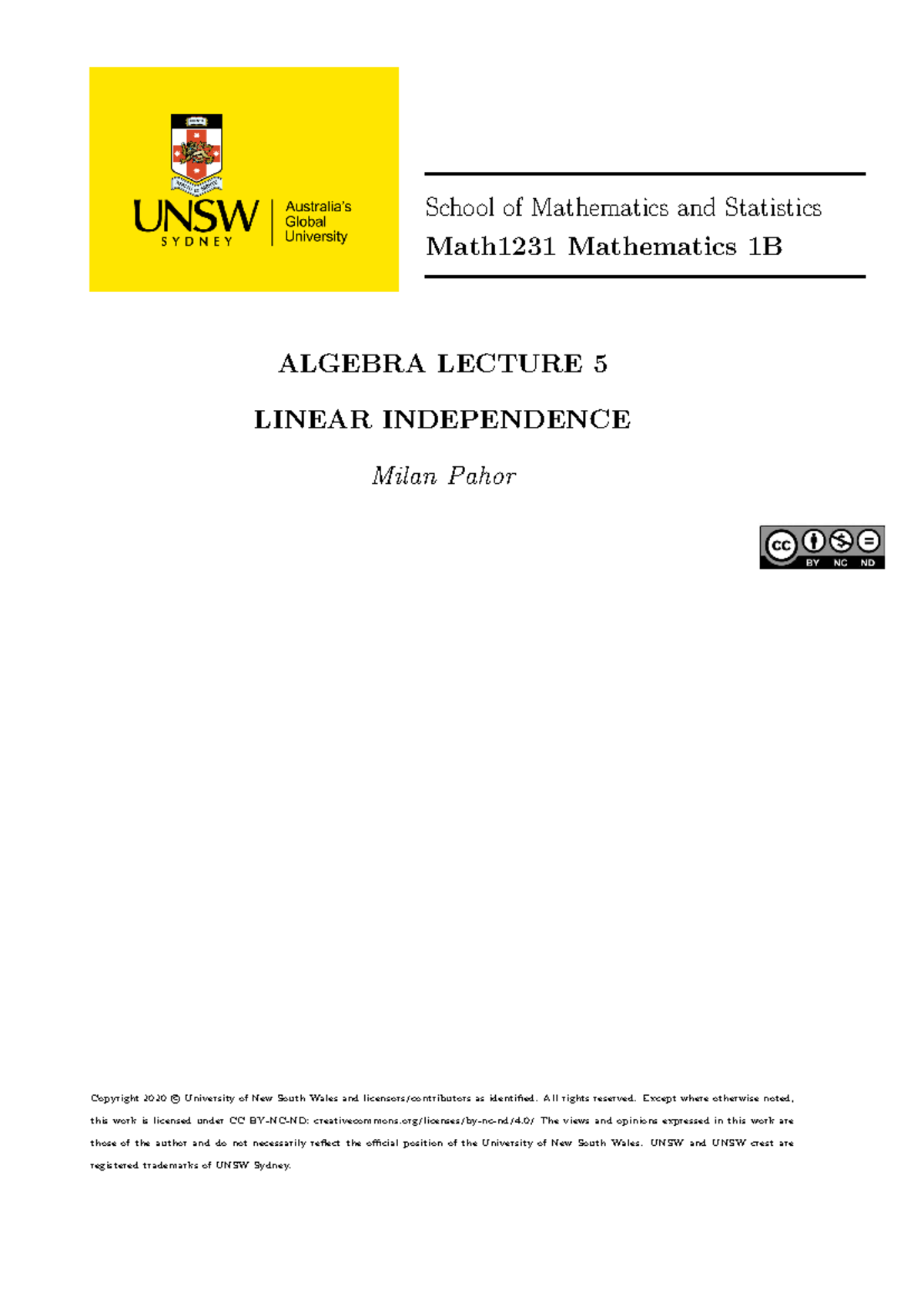 Lecture 05 Linear Independence - School of Mathematics and Statistics Math1231 Mathematics 1B ...
