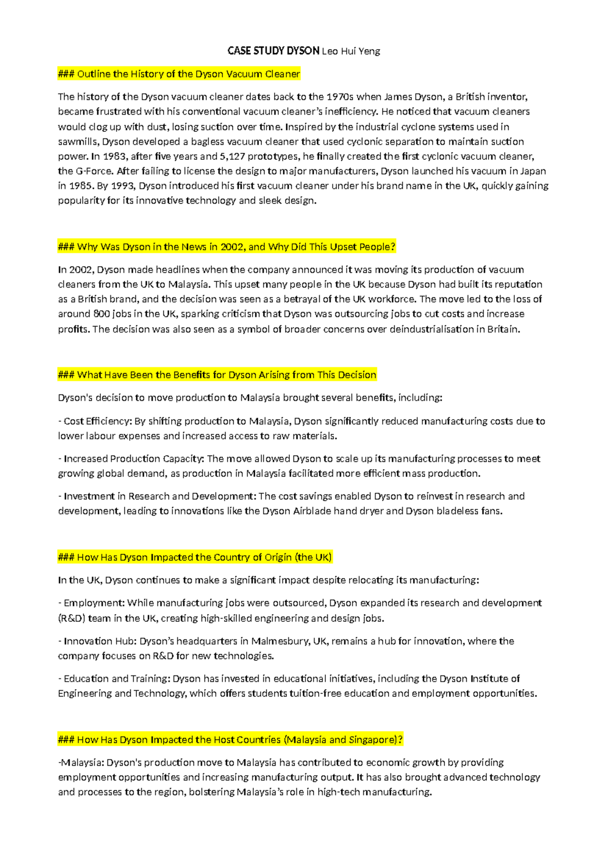 Case Study 1 - CASE STUDY DYSON Leo Hui Yeng Outline the History of the ...