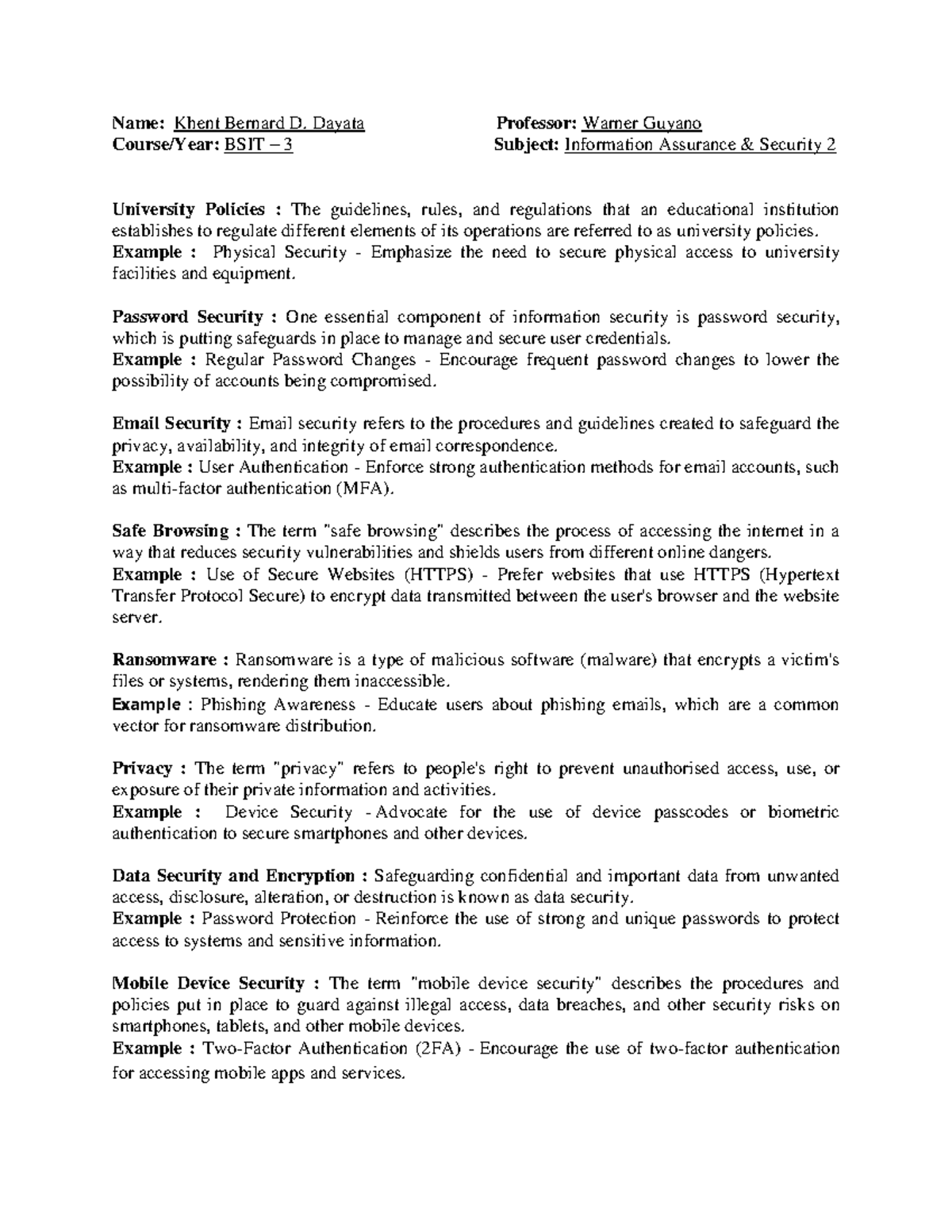 Basic Security Awareness - Name: Khent Bernard D. Dayata Professor ...