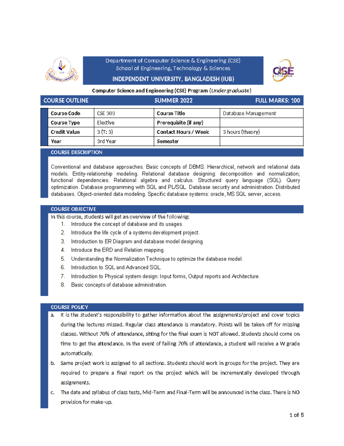 CSE303 Course Outline OBE - Department of Computer Science & Engineering (CSE) School of - Studocu