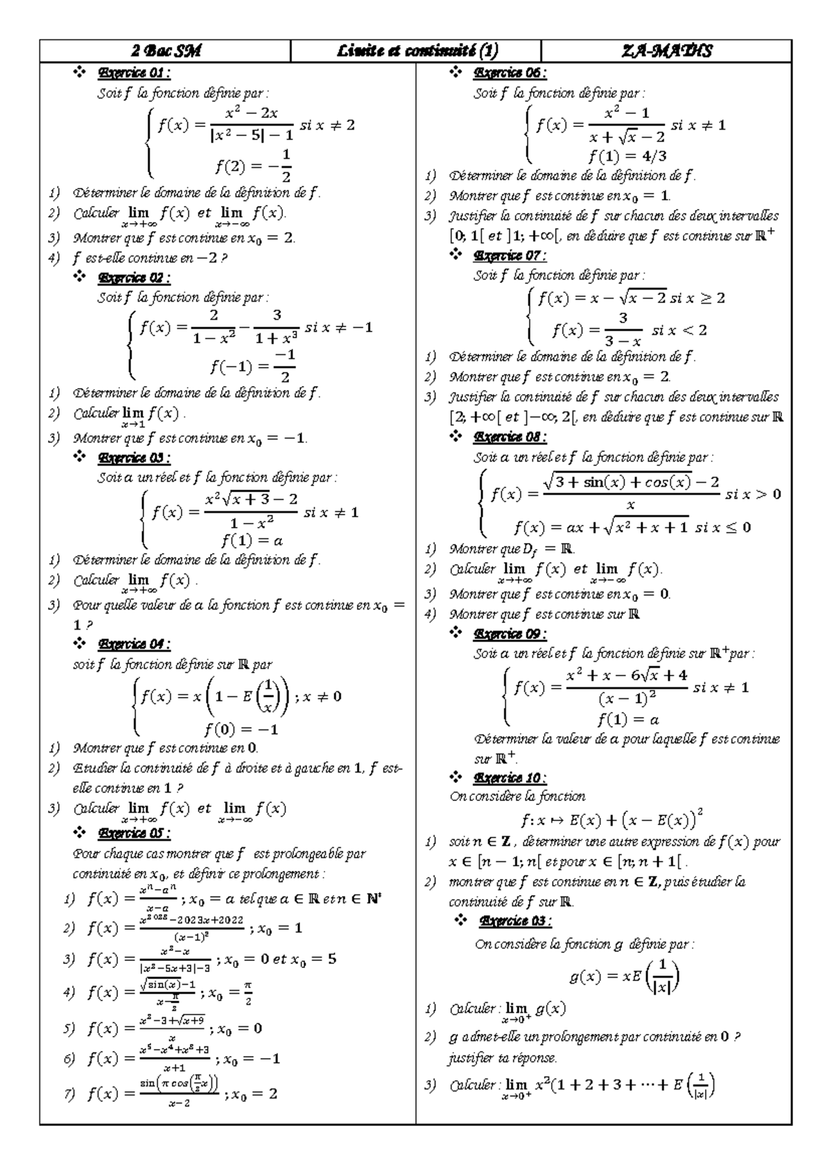01 limite et continuité - 2 Bac SM Limite et continuité (1) ZA-MATHS ...