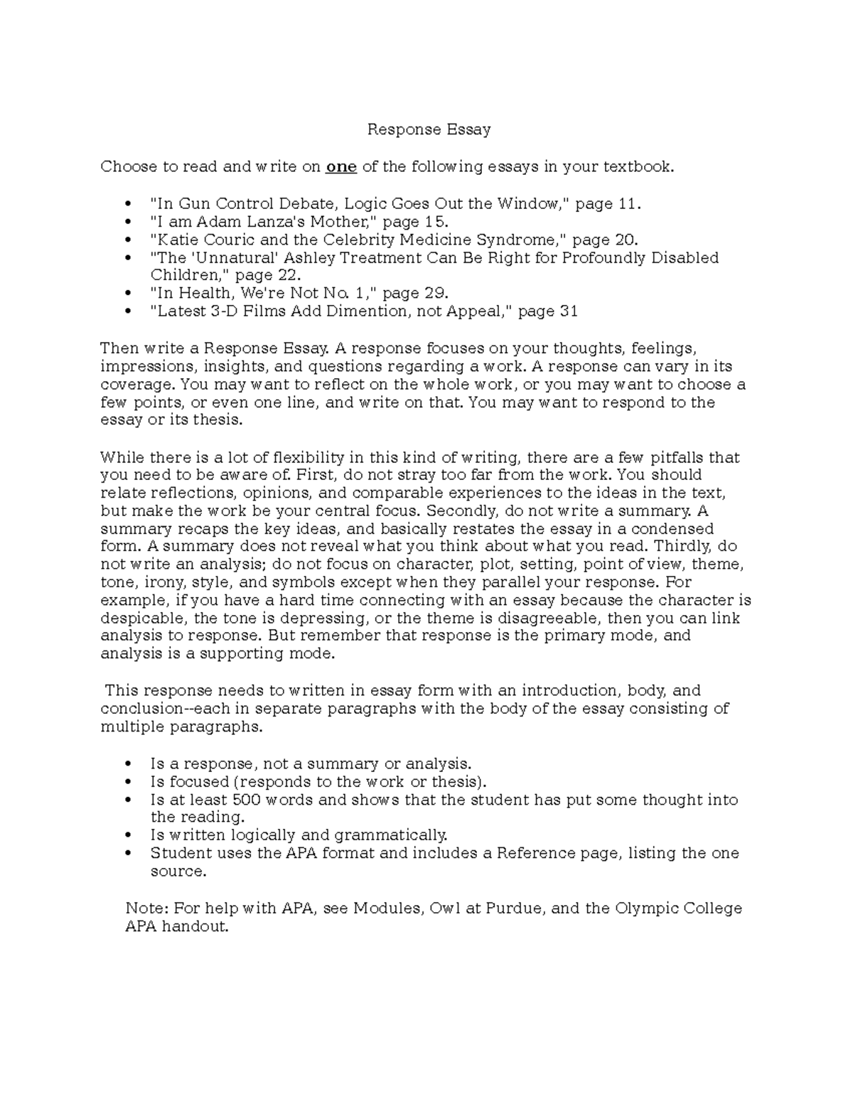 OC 102 Response Essay - Response Essay Choose to read and write on one ...