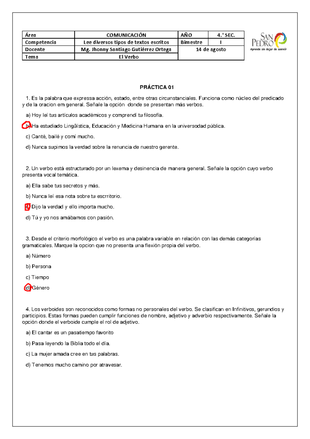 EL Verbo Practica - PRÁCTICA 01 Es la palabra que expressa acción ...