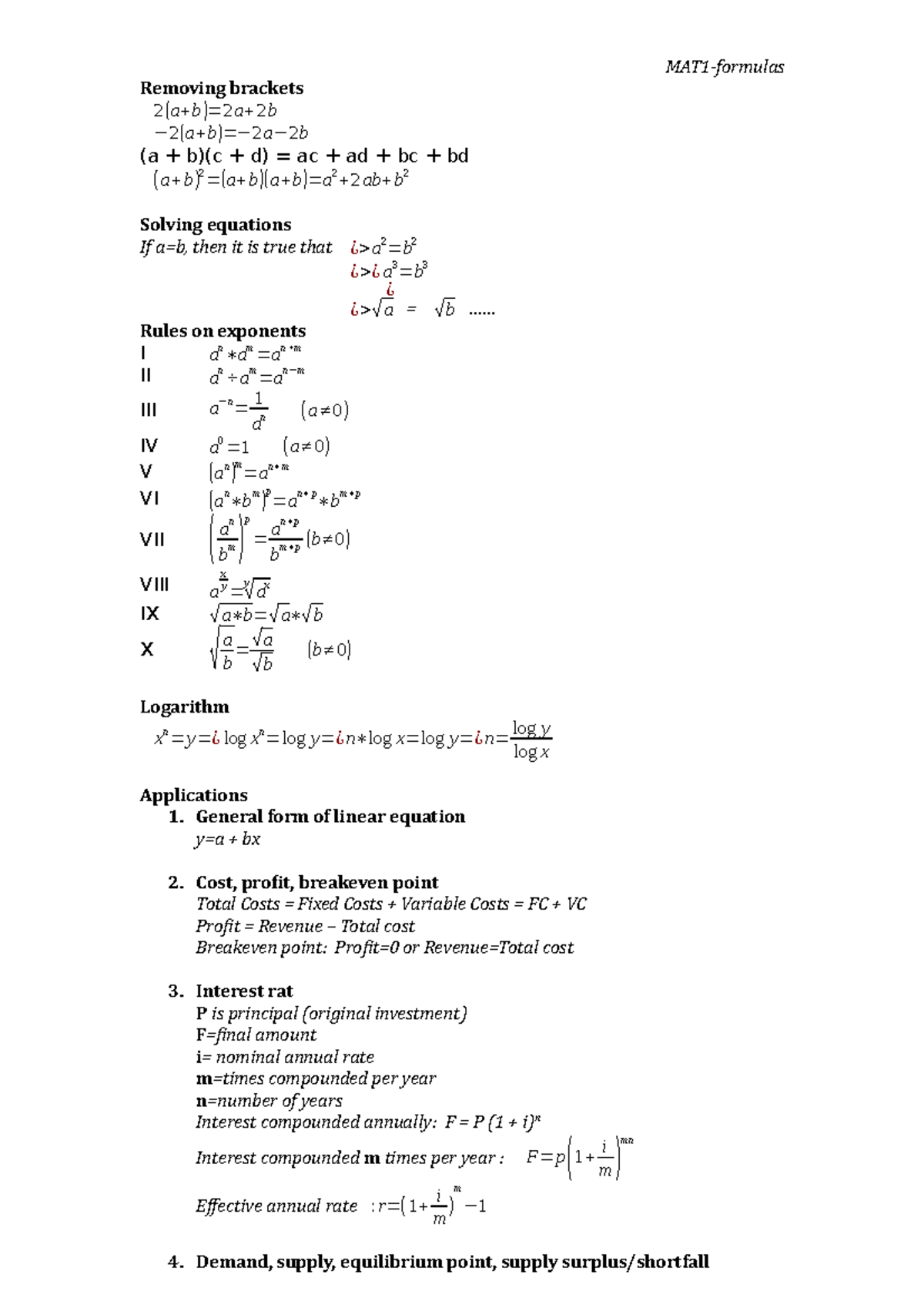 MAT1-all formulas - Summary Mathematics 1 - MAT1-formulas Removing ...