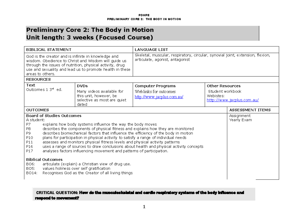 2013 Core 2 Teaching Program - PRELIMINARY CORE 2: THE BODY IN MOTION ...