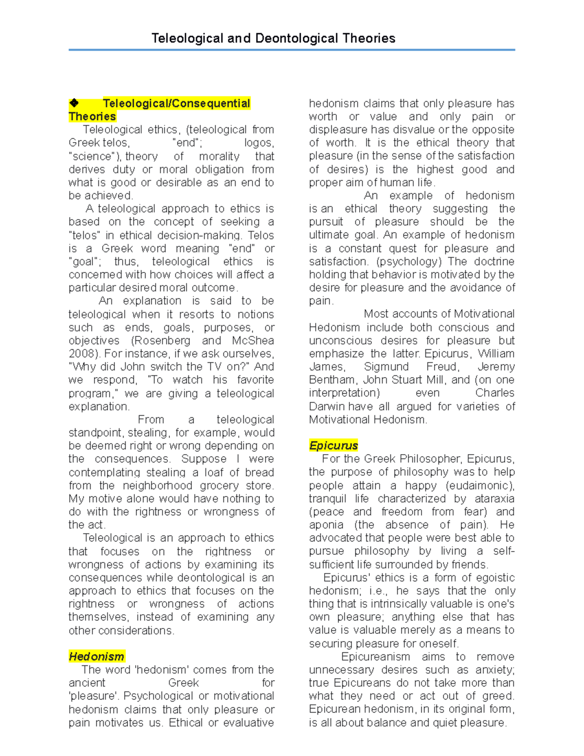 Teleogical Deontological Theories - Teleological and Deontological ...