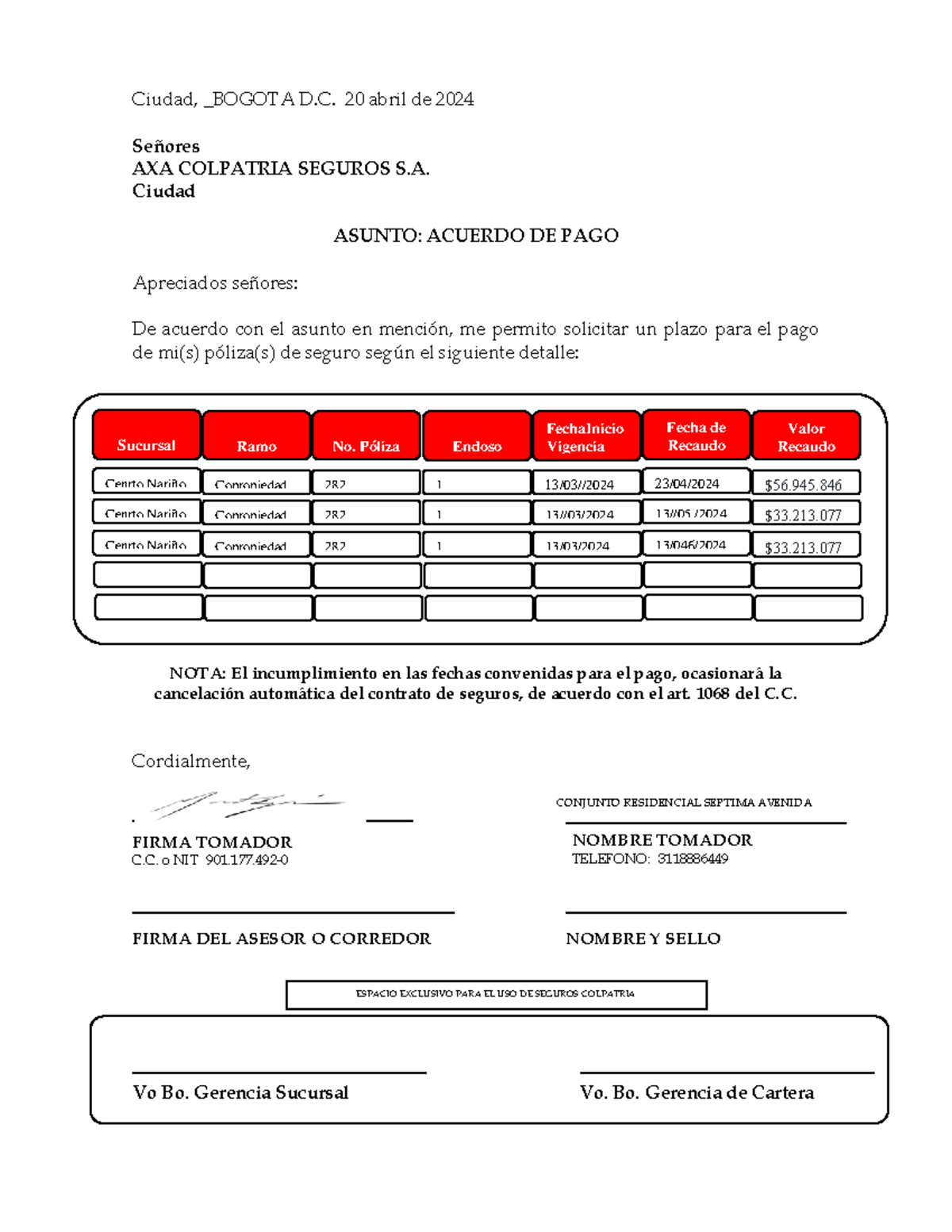 AXA Formato Acuerdos DE PAGO Septima Avenida - Ciudad, _BOGOTA D. 20 ...