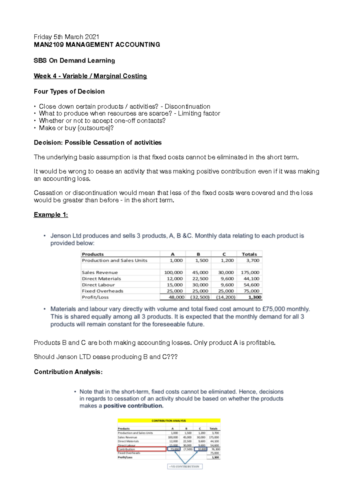 MAN2109 Management Accounting - Lecture 4 - Friday 5th March 2021 ...