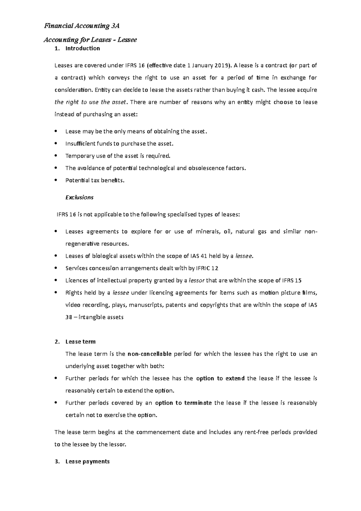 Leases lessee Notes - Financial Accounting 3A Accounting for Leases ...