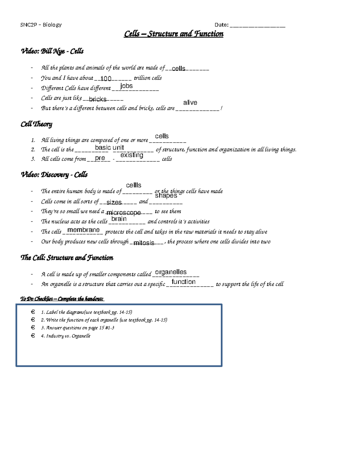 02 - Cells Note (1) - Gr. 10 Chem - Cells – Structure and Function ...