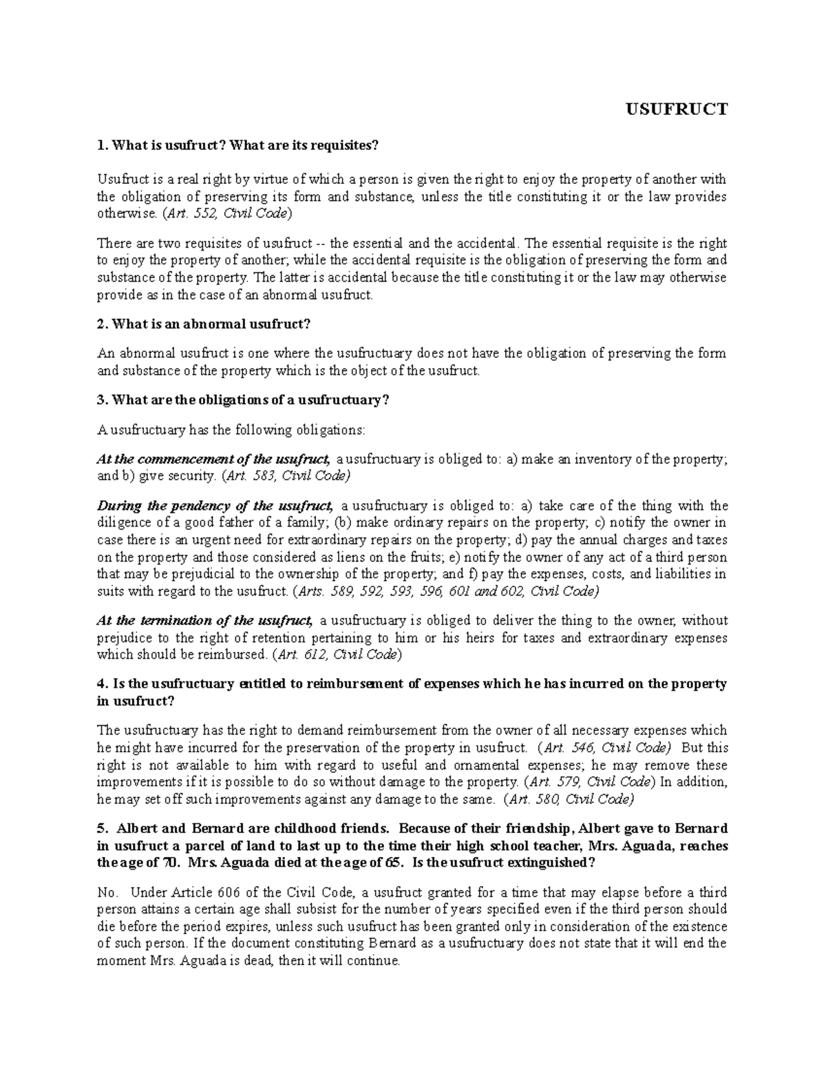 Civil Law Review Handout May 30 2020 - USUFRUCT What is usufruct? What ...