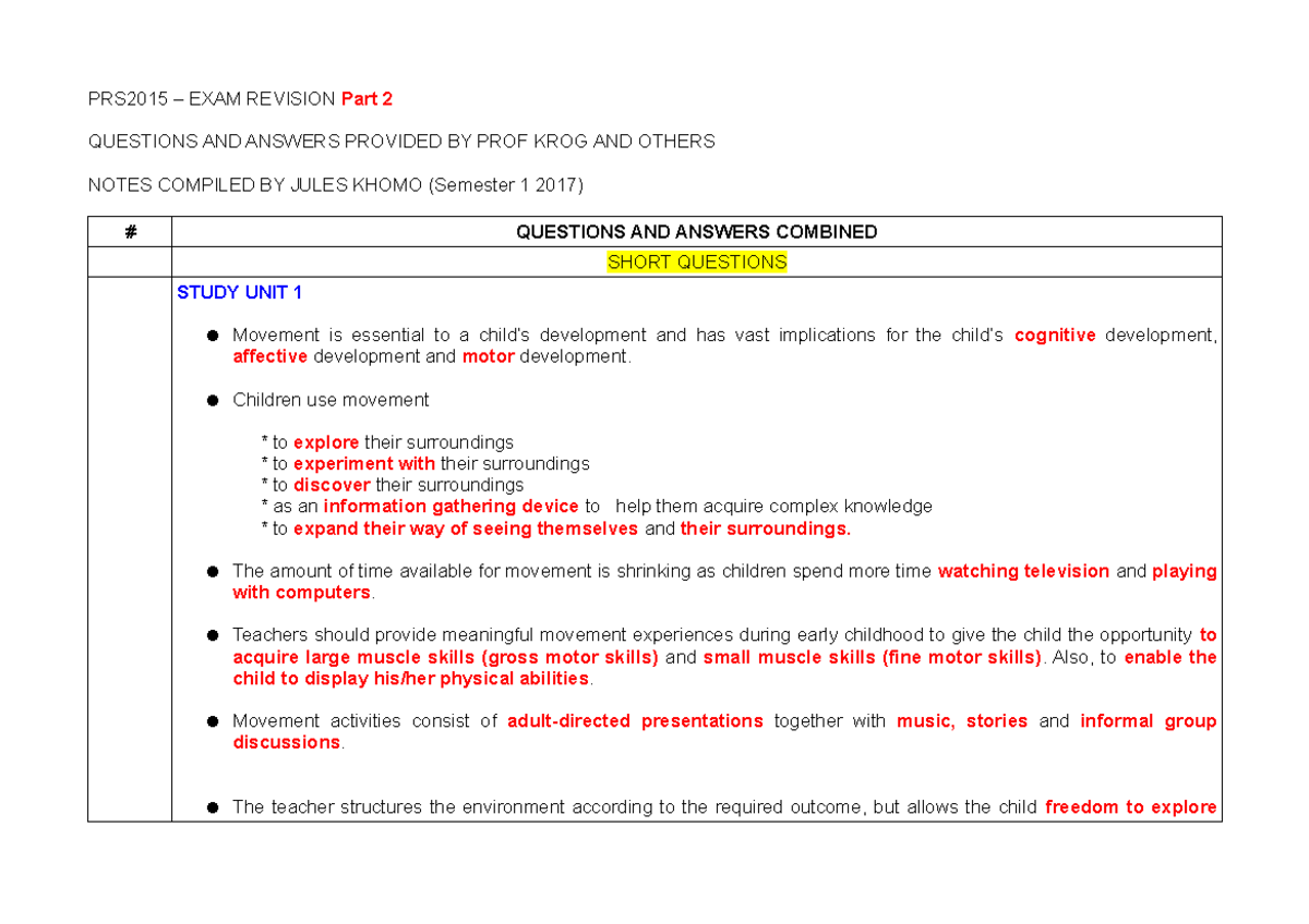 Exam revision part 2 - PRS2015 – EXAM REVISION Part 2 QUESTIONS AND ...