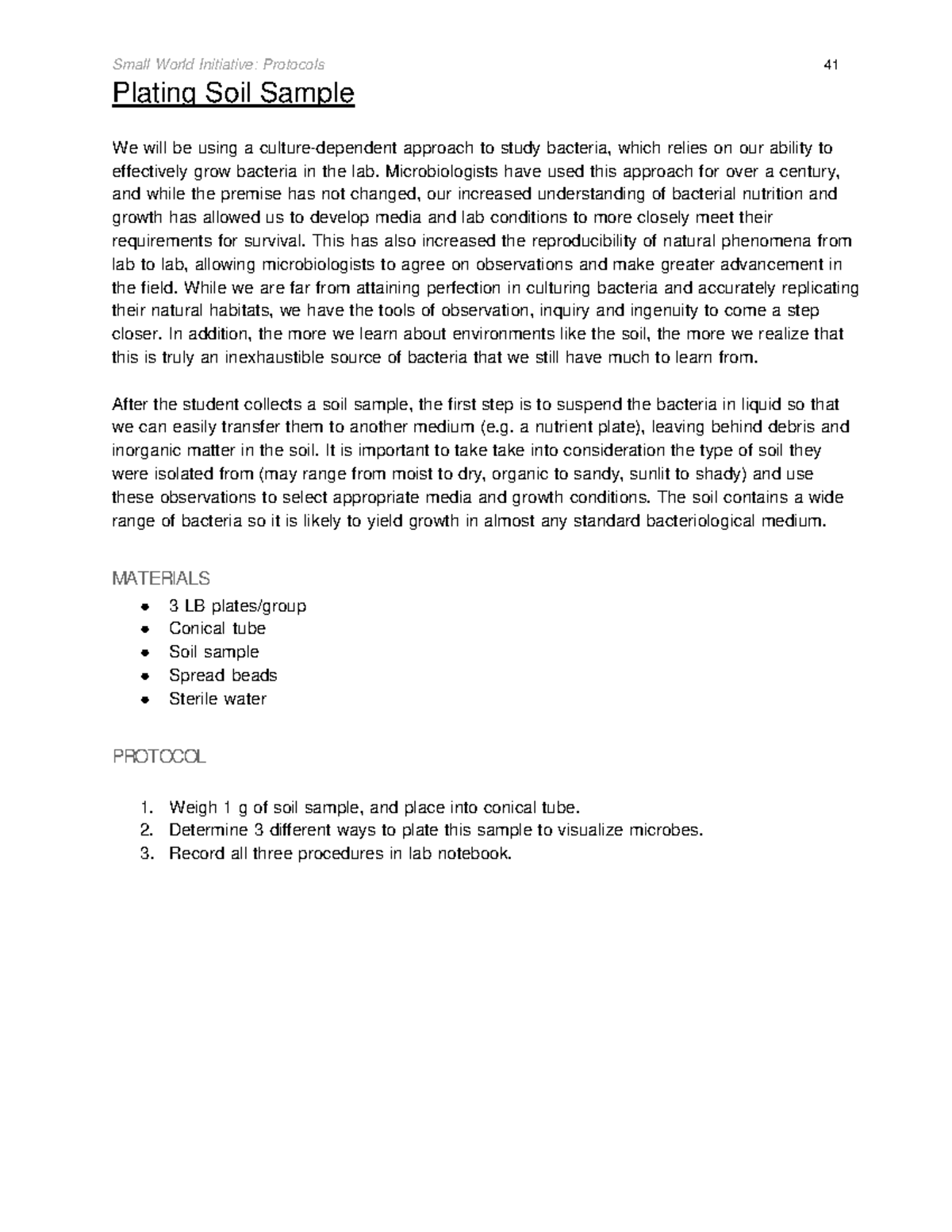 Plating Soil Sample - Small World Initiative: Protocols 41 Plating Soil ...