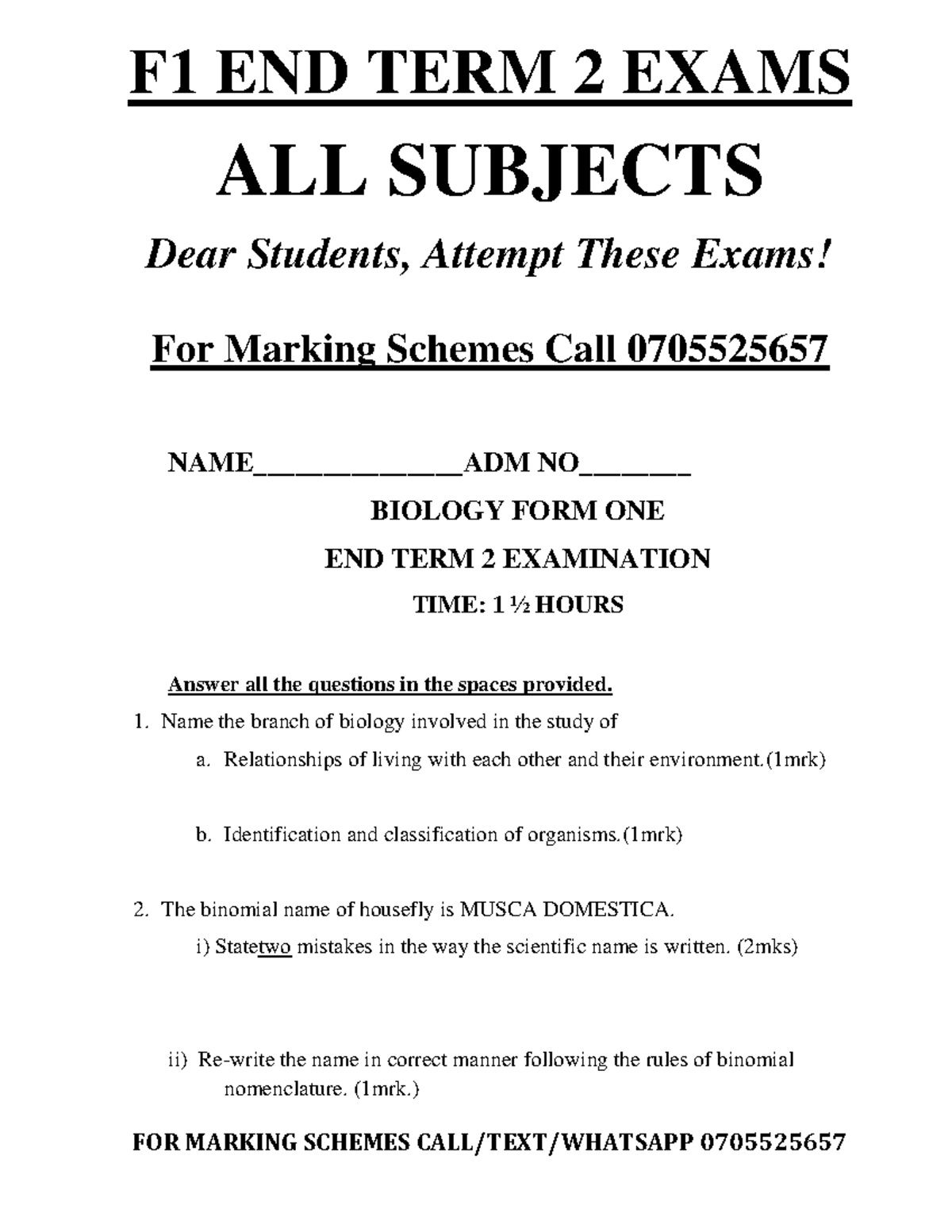 F1 TERM 2 Endterm Exams - FOR MARKING SCHEMES CALL/TEXT/WHATSAPP ...