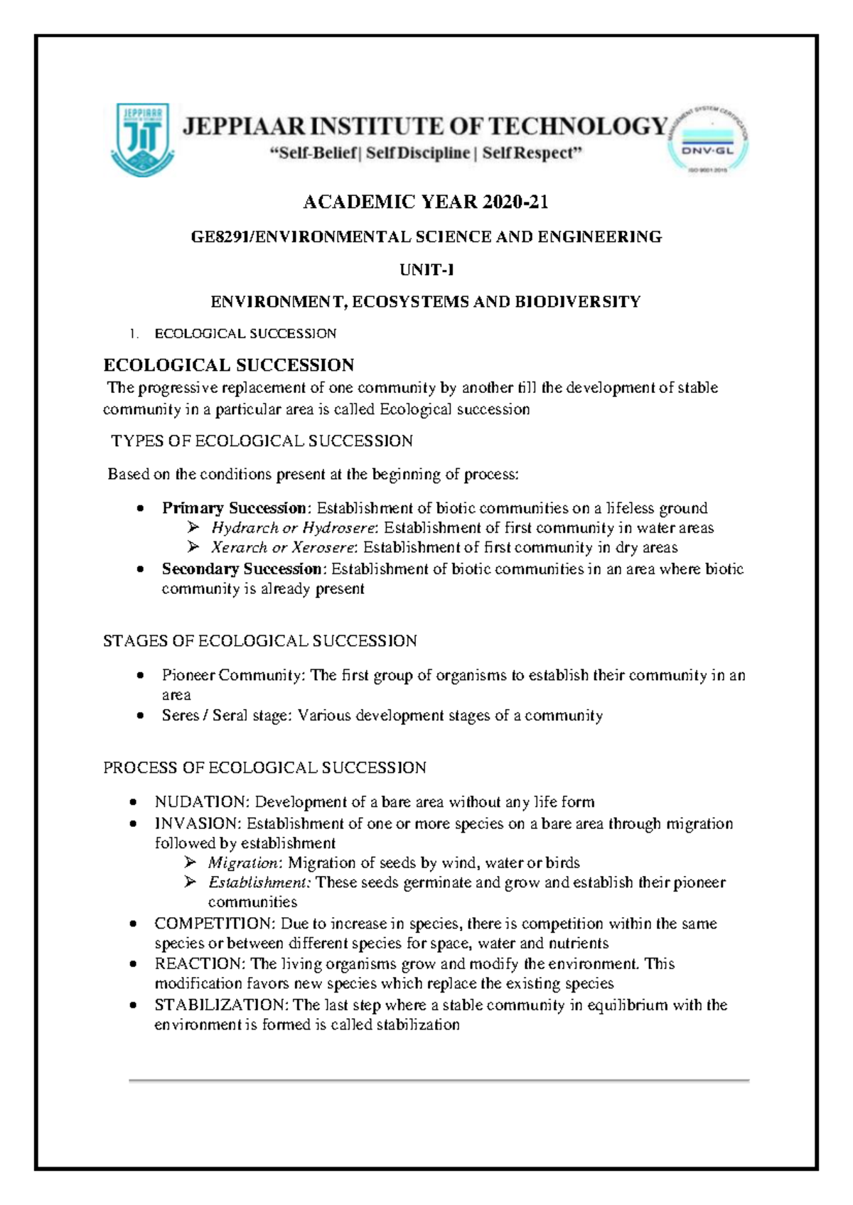 EVS UNIT-I IMP Topics NEW - ACADEMIC YEAR 2020- 21 GE8291/ENVIRONMENTAL ...
